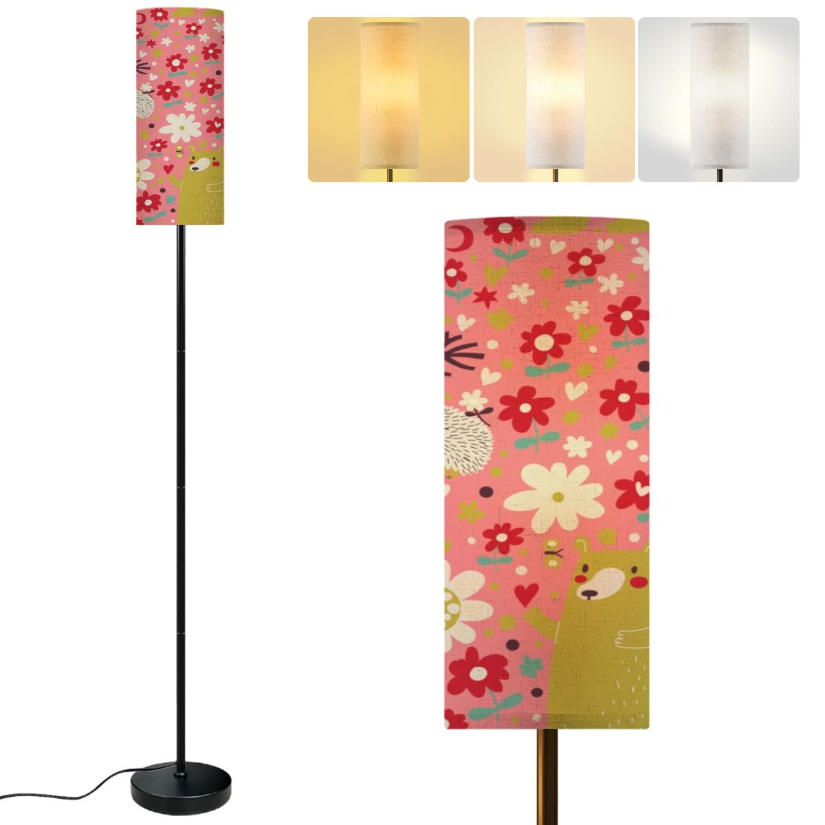 Modern Standing Floor Lamp Forest seamless cute Bear Fox Deer birds Owl ...