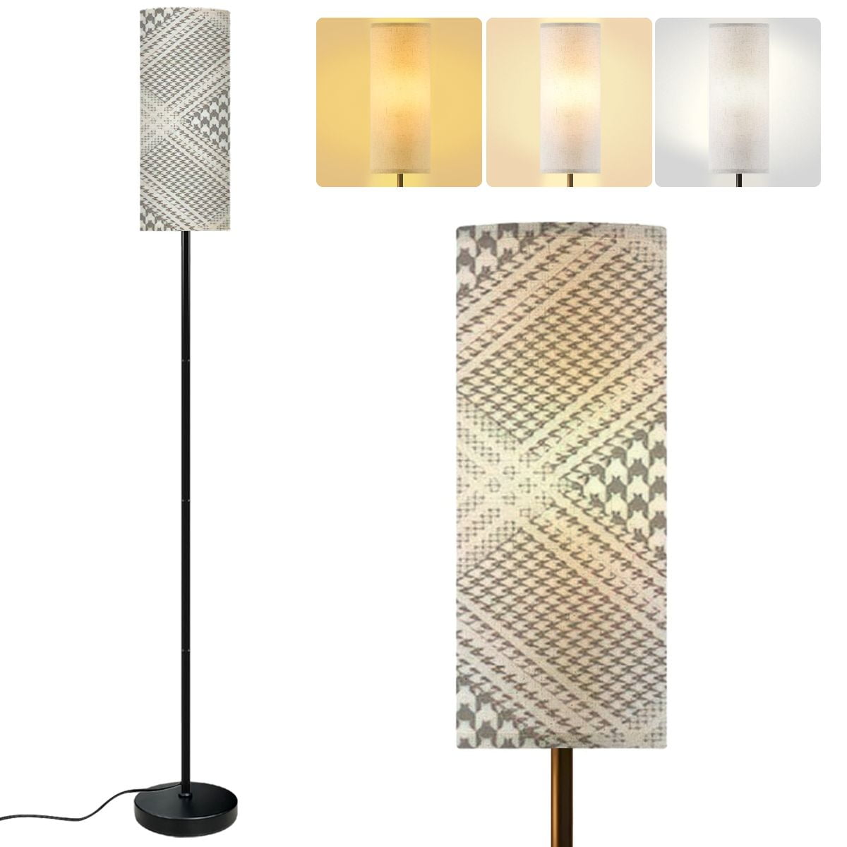Modern Standing Floor Lamp Glen plaid pattern taupe white beige ...