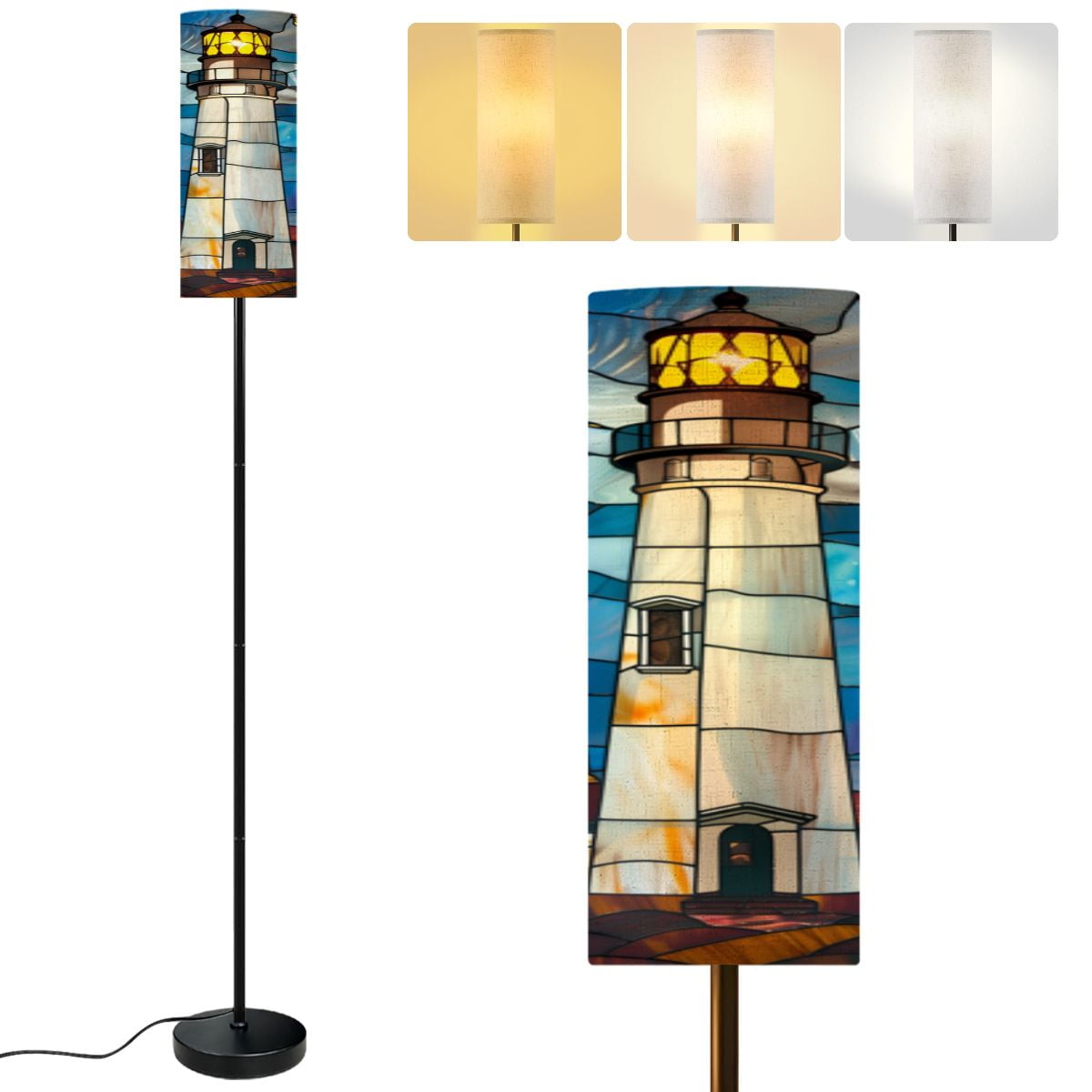 Modern Standing Floor Lamp Nautical Lighthouse Stained Glass Artwork for Home Decor Dimmable ...