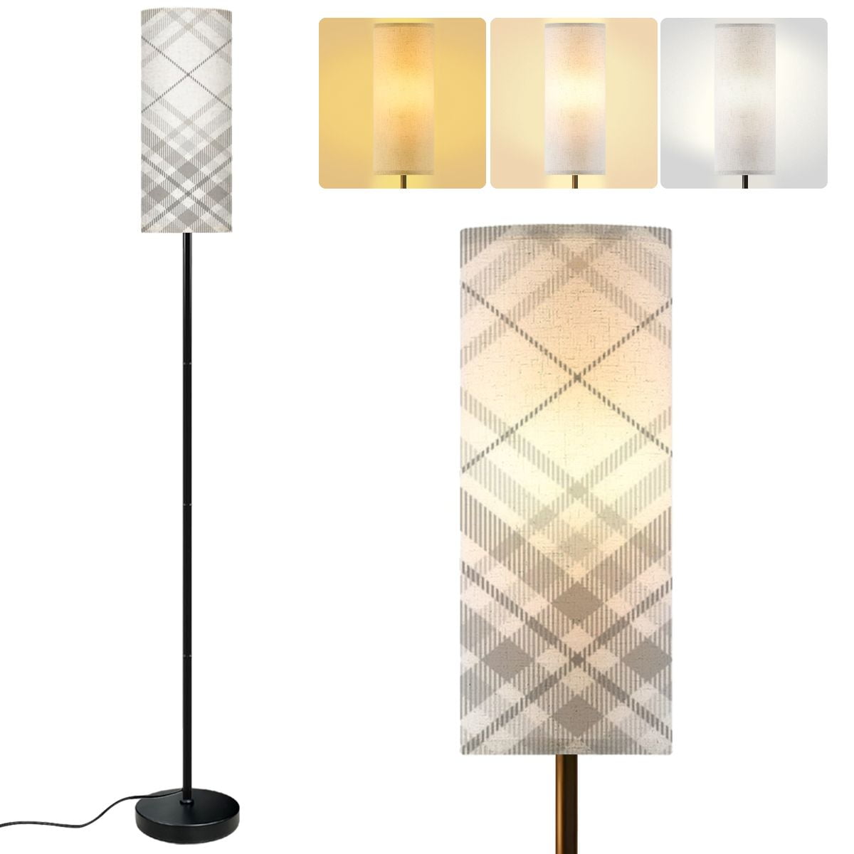 Modern Standing Floor Lamp Plaid check patten pastel grey dusty beige ...