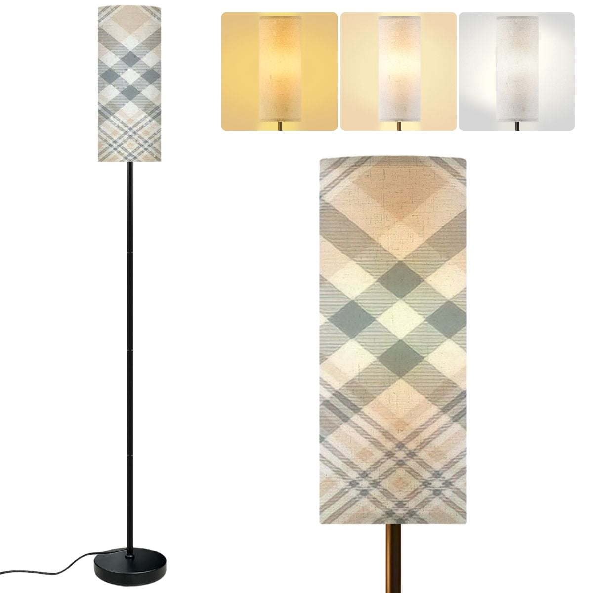 Modern Standing Floor Lamp Plaid check pattern beigetan grey white ...
