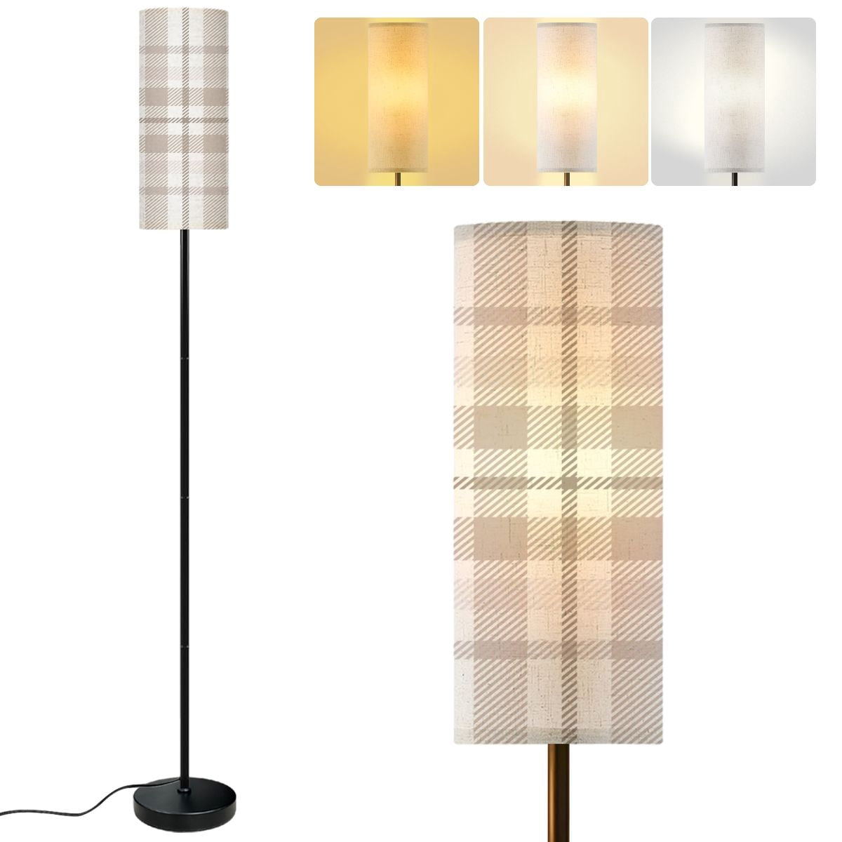 Modern Standing Floor Lamp Plaid check pattern grey beige white ...