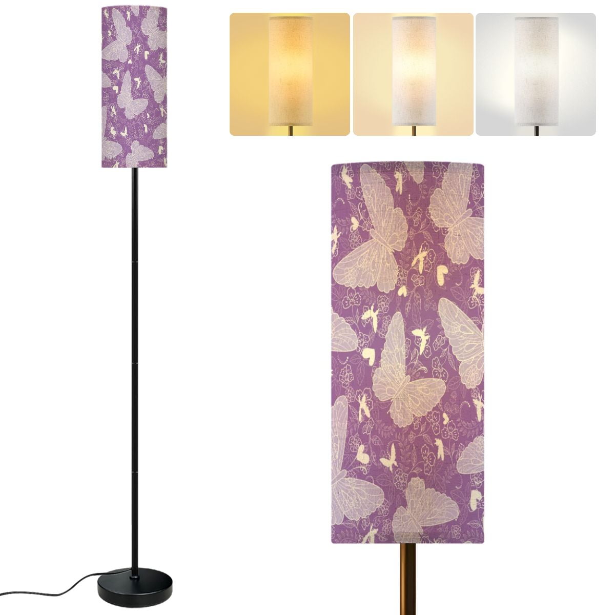 Modern Standing Floor Lamp Purple lilac artistic butterflies floral ...