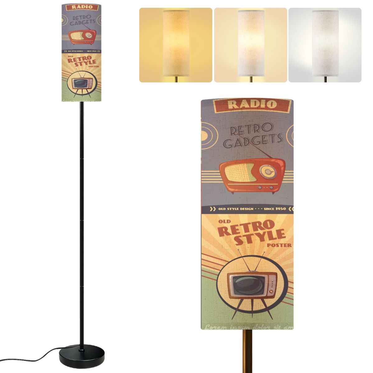 Modern Standing Floor Lamp Retro gadgets cartoon posters camera radio ...