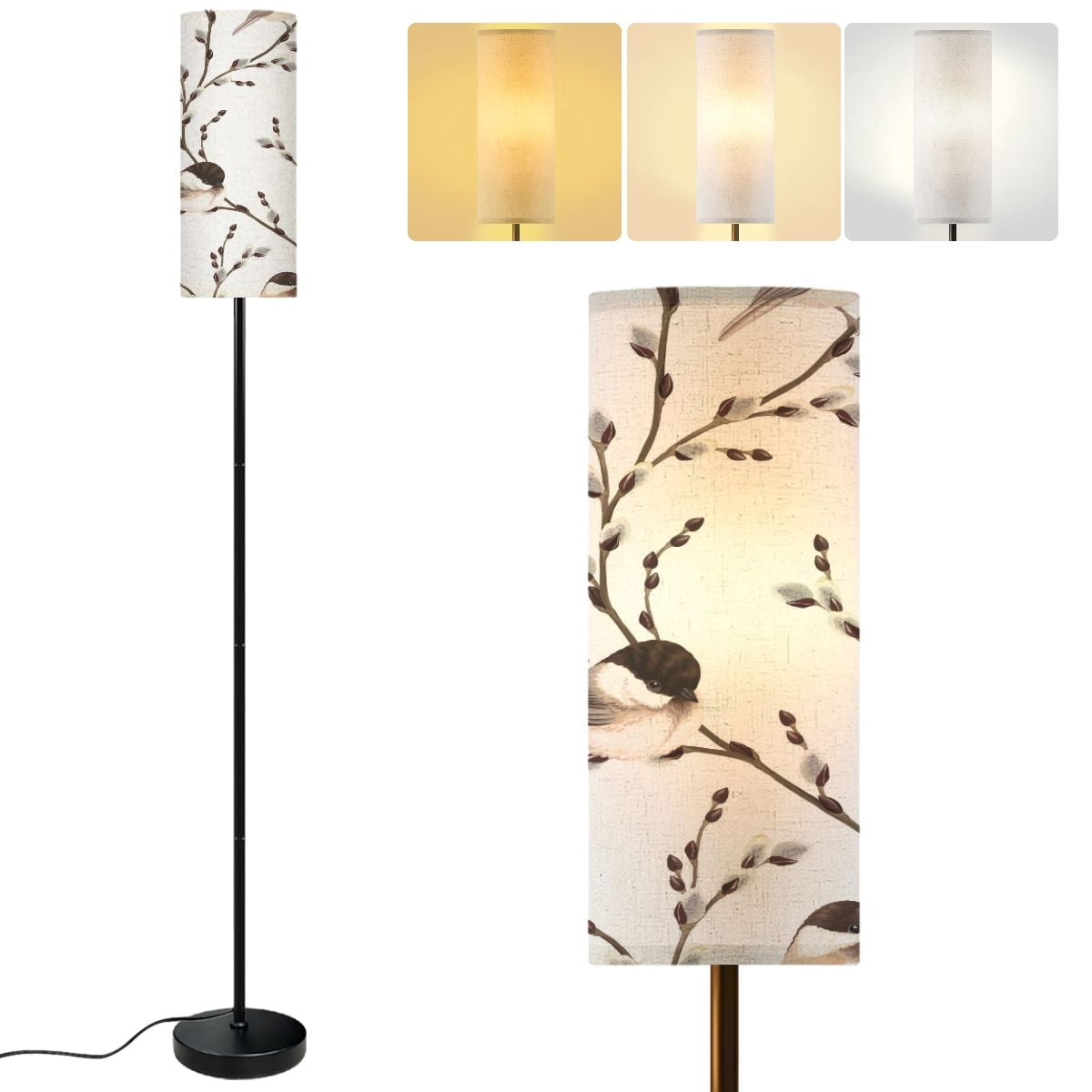 Modern Standing Floor Lamp Seamless pattern Willow branches birds Black ...