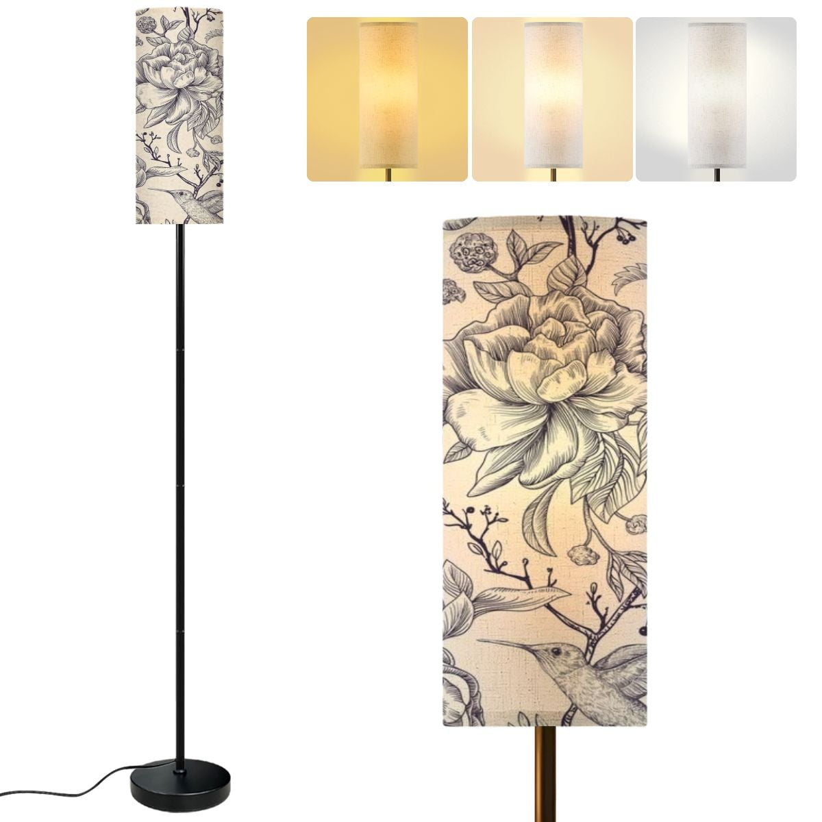 Modern Standing Floor Lamp Sketch birds flowers Monochrome flower ...