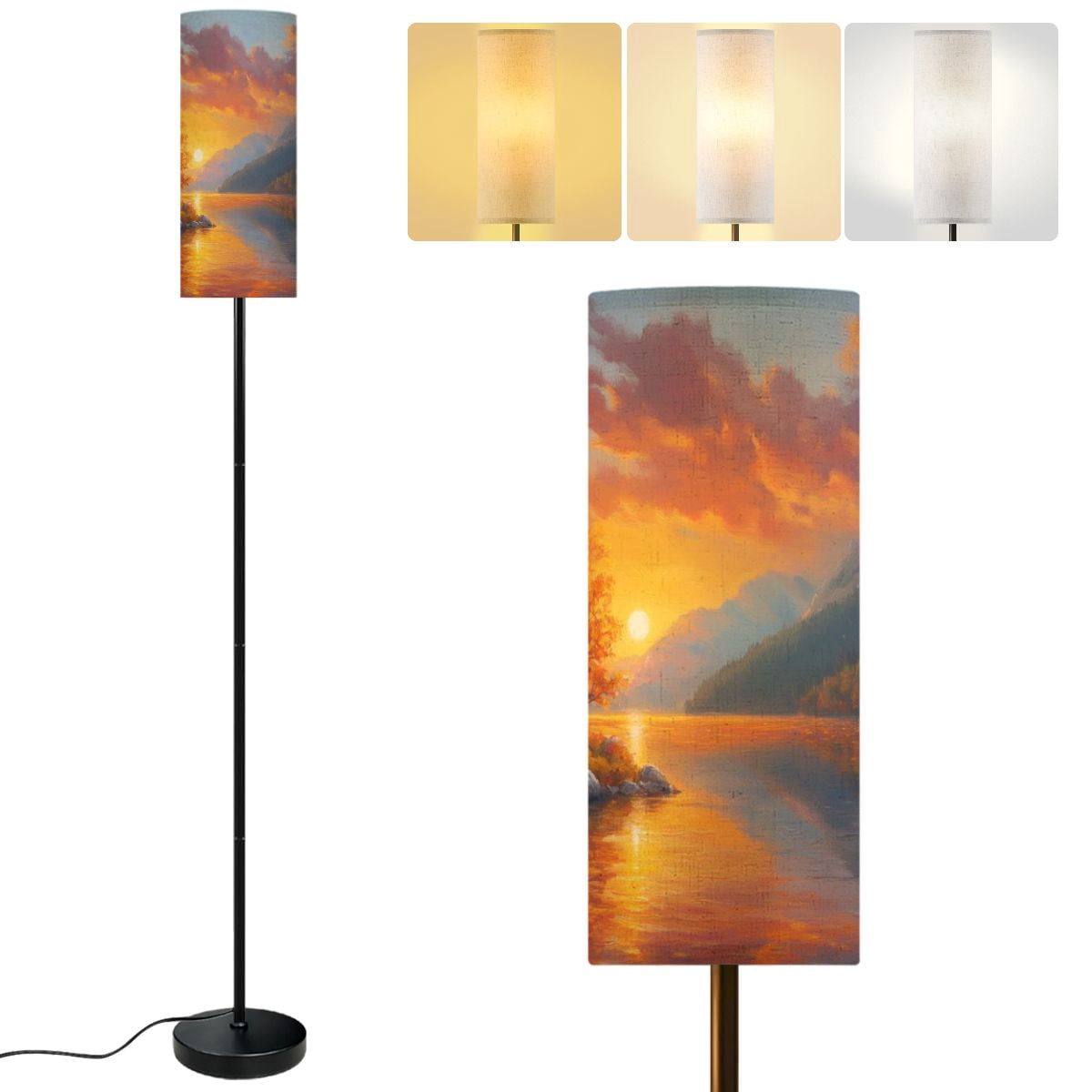 Modern Standing Floor Lamp Sunset Cabin Lake Mountains Trees Realistic ...