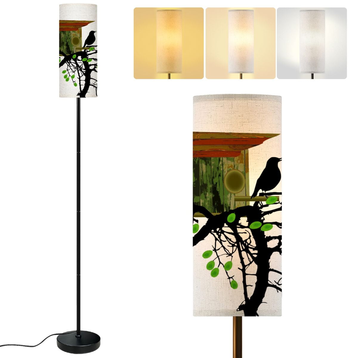 Modern Standing Floor Lamp Tree wooden birdhouse silhouette singing ...