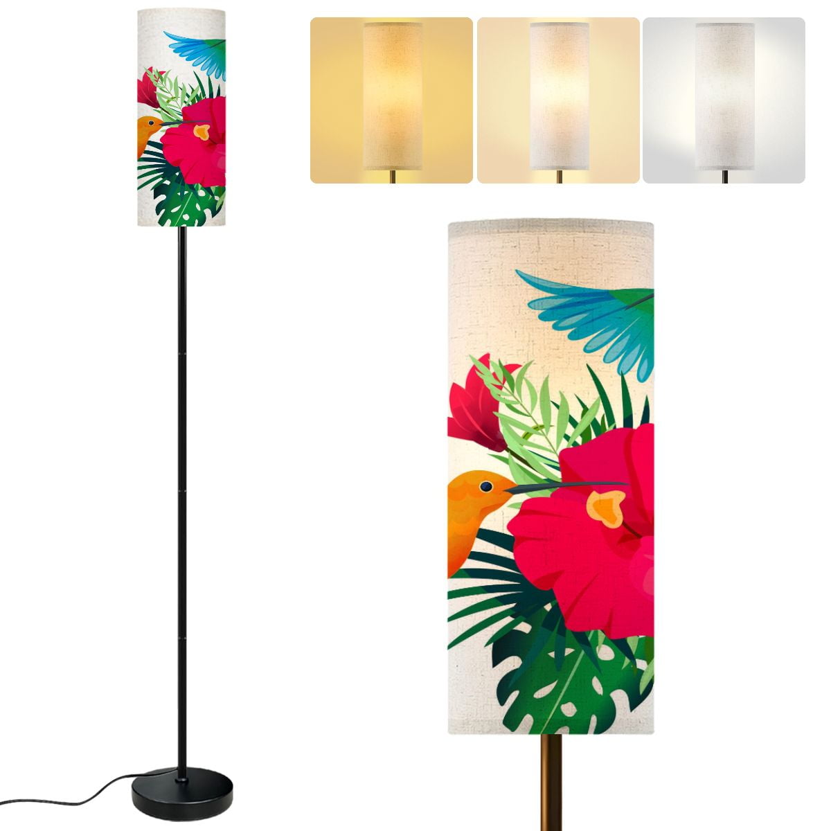Modern Standing Floor Lamp Tropical birds plants Exotic colored parrots ...
