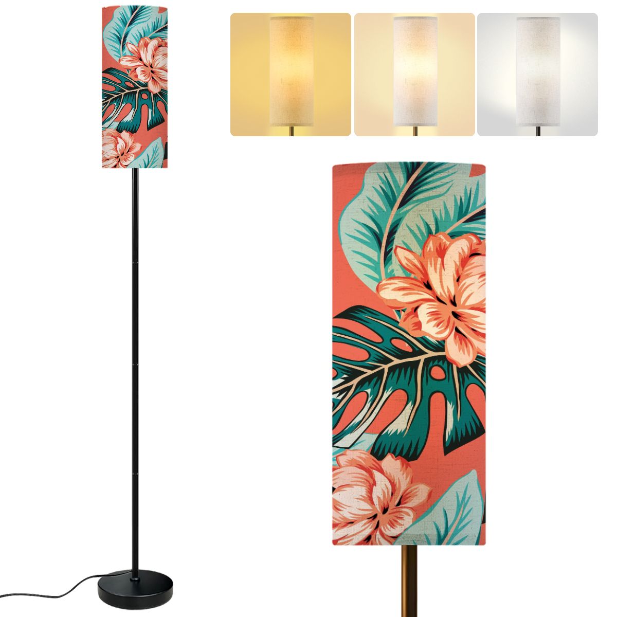 Modern Standing Floor Lamp Tropical pink rose flowers teal monstera ...