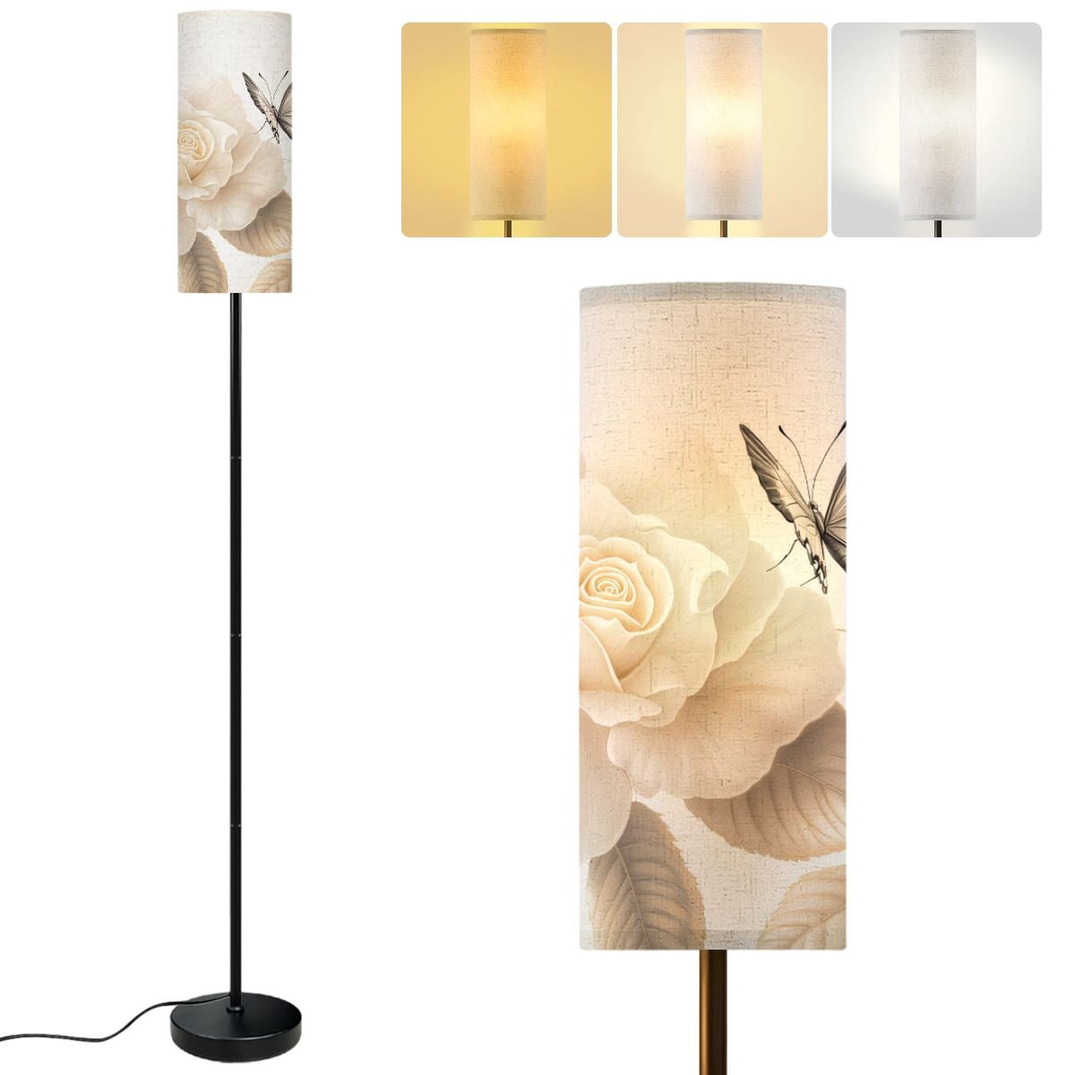 Modern Standing Floor Lamp Vintage Floral Cream Beige Flower Farmhouse ...