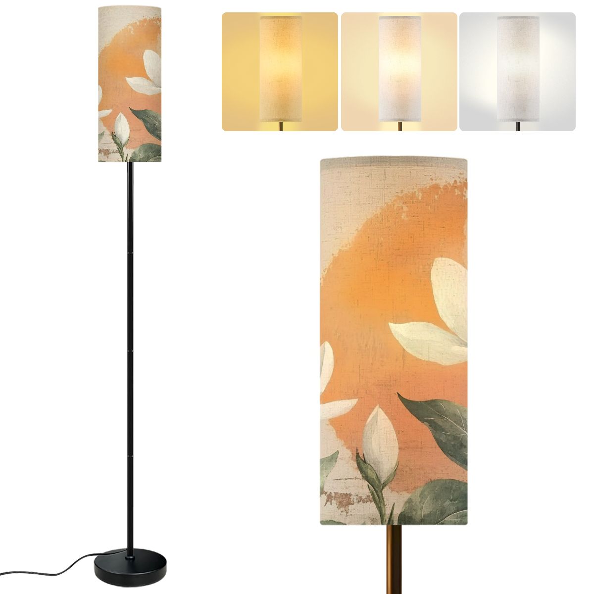 Modern Standing Floor Lamp Vintage White Magnolia Floral Sunset Orange ...