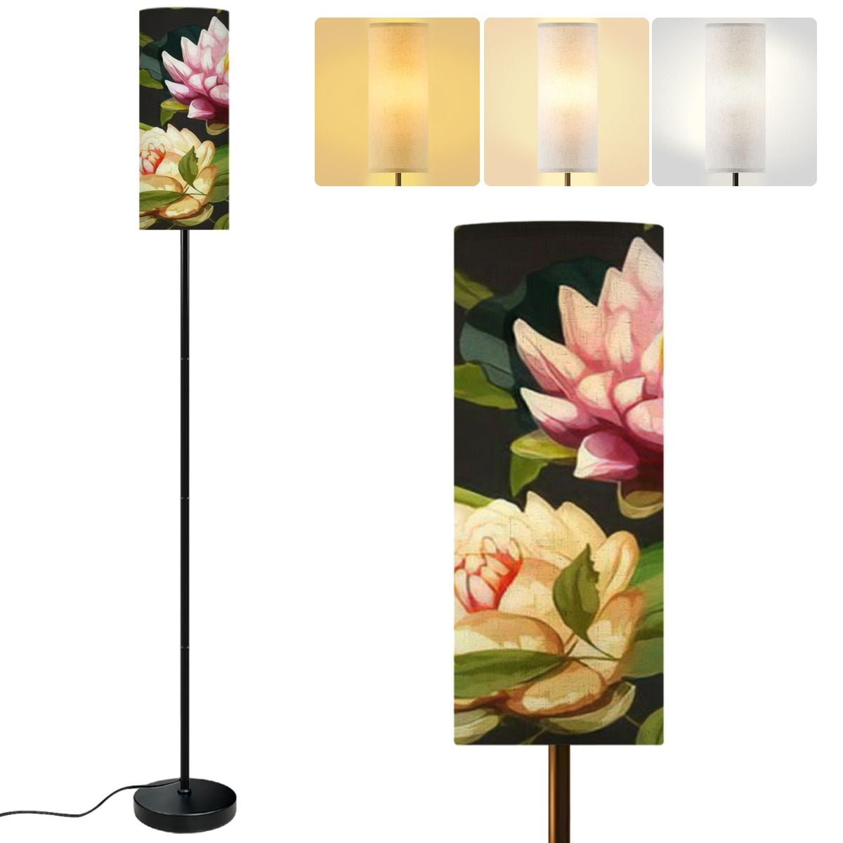 Modern Standing Floor Lamp Water lily Lotus flowers roses leaves black ...