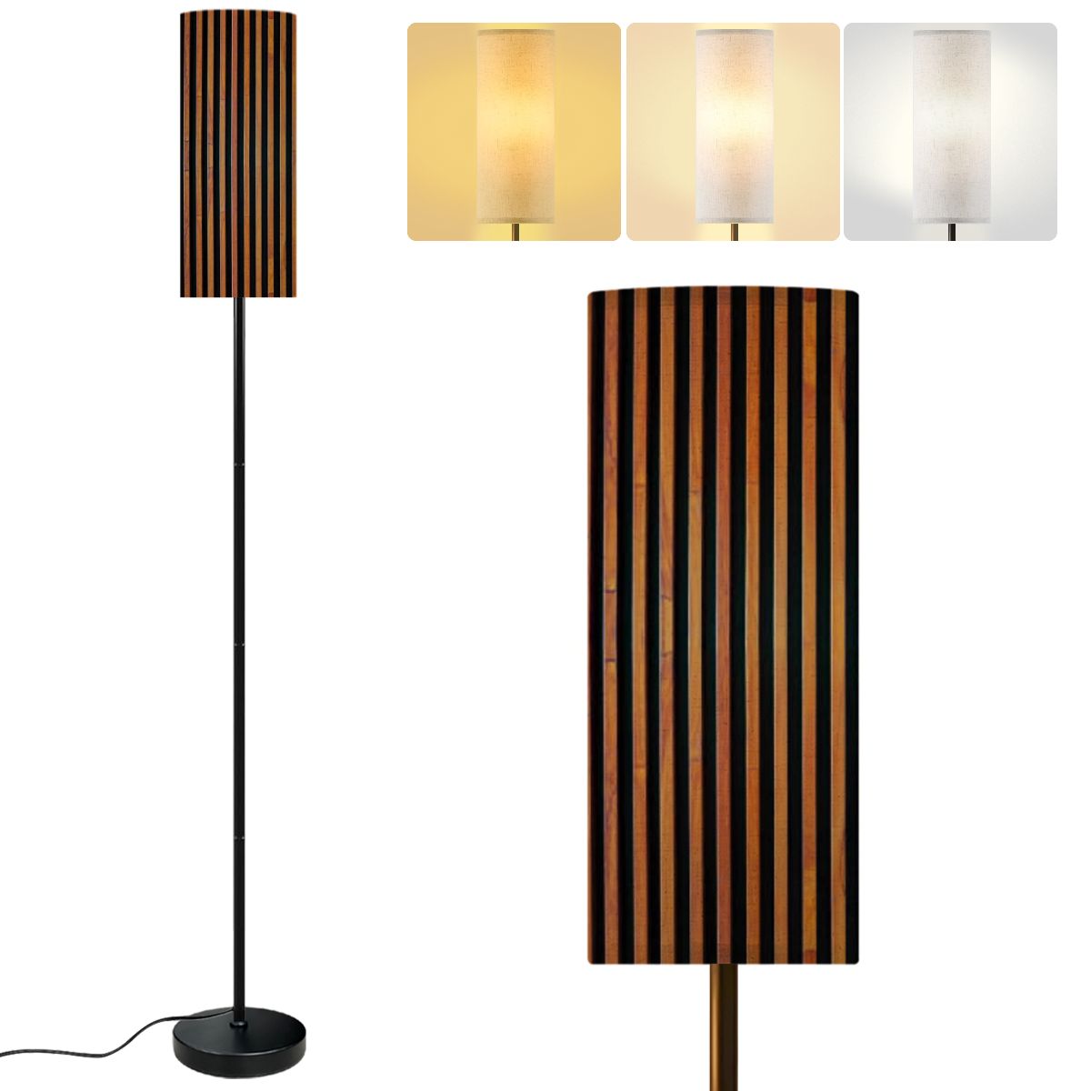 Modern Standing Floor Lamp Wood strips textured Dimmable Metal Pole ...