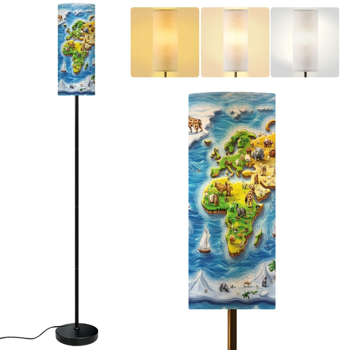 Modern Standing Floor Lamp World Map Animals Continents Oceans Forests ...