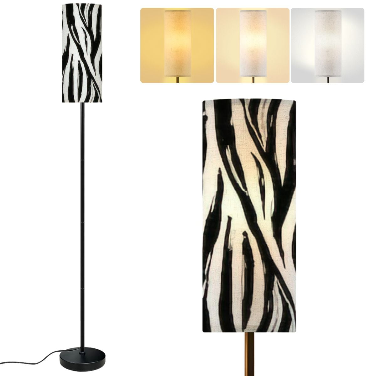 Modern Standing Floor Lamp Zebra print pattern Black white Dimmable ...