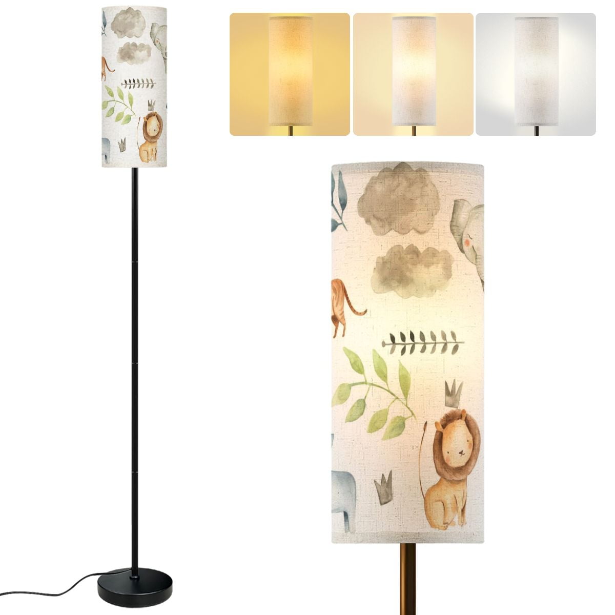 Modern Standing Floor Lamp animals watercolor baby elephant lion zebra ...