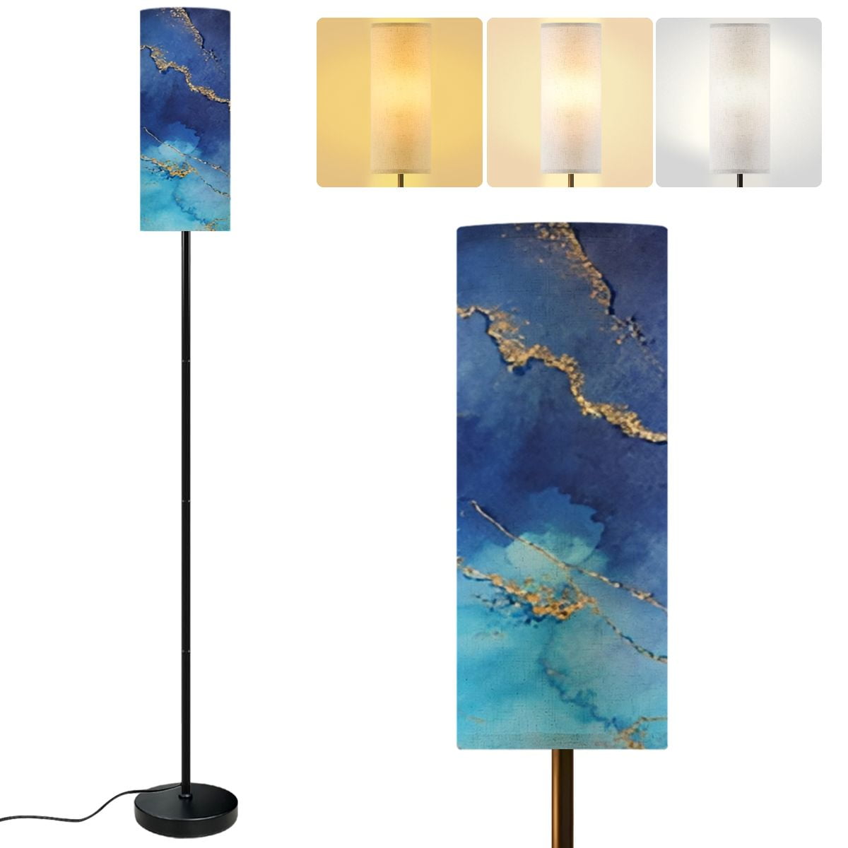 Modern Standing Floor Lamp blue marble gold glitter veins abstract fake ...