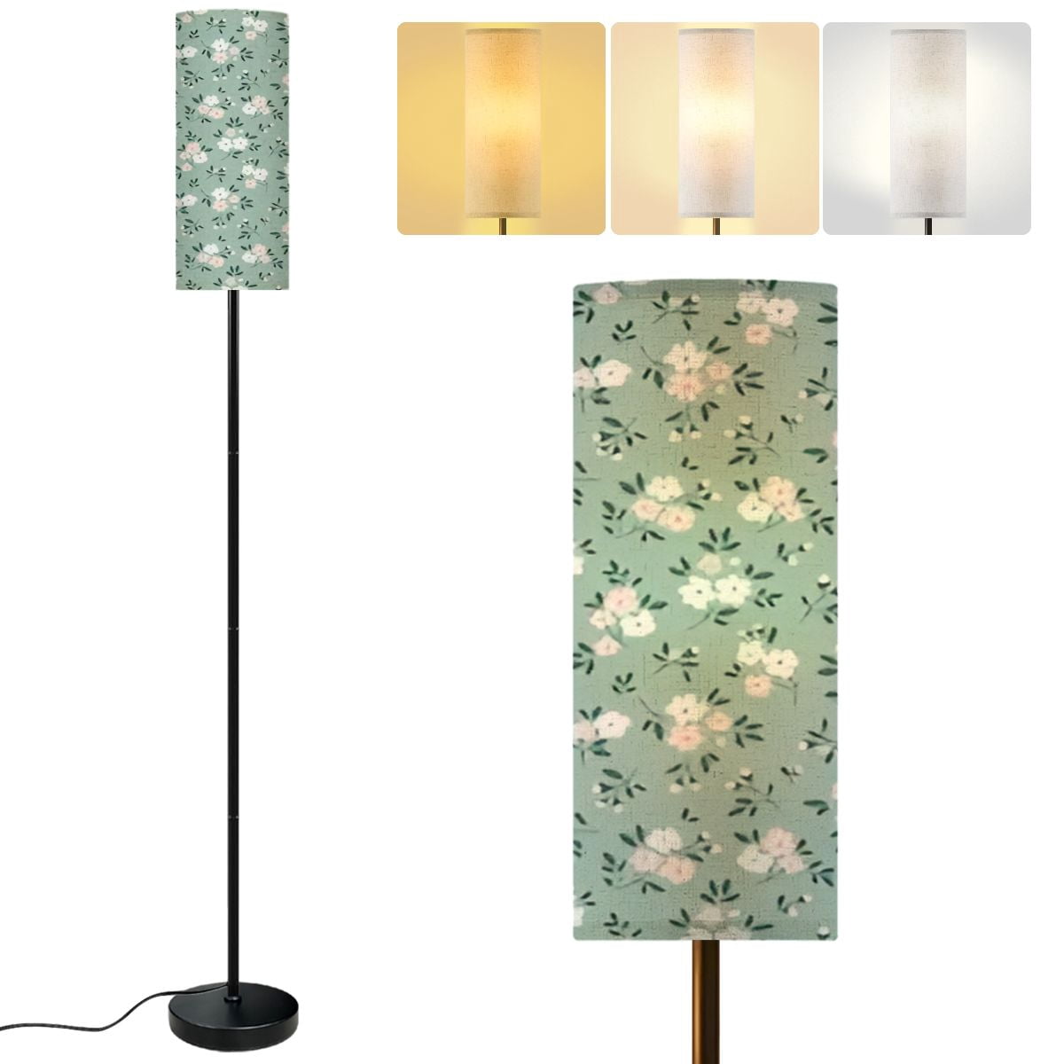 Modern Standing Floor Lamp floral pattern small pale pink white flowers ...