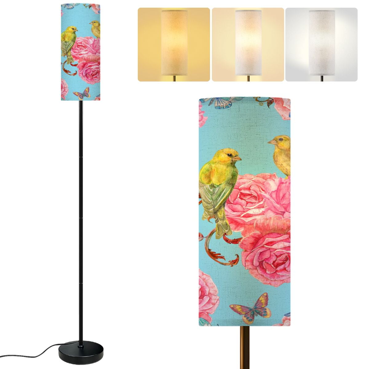 Modern Standing Floor Lamp retro seamless texture pink roses birds ...