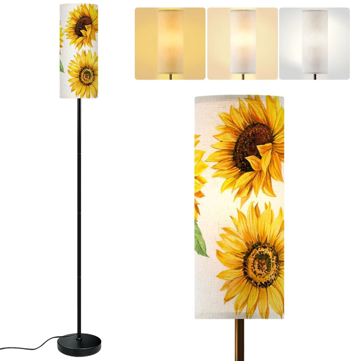 Modern Standing Floor Lamp set sunflowers white watercolor botanical ...