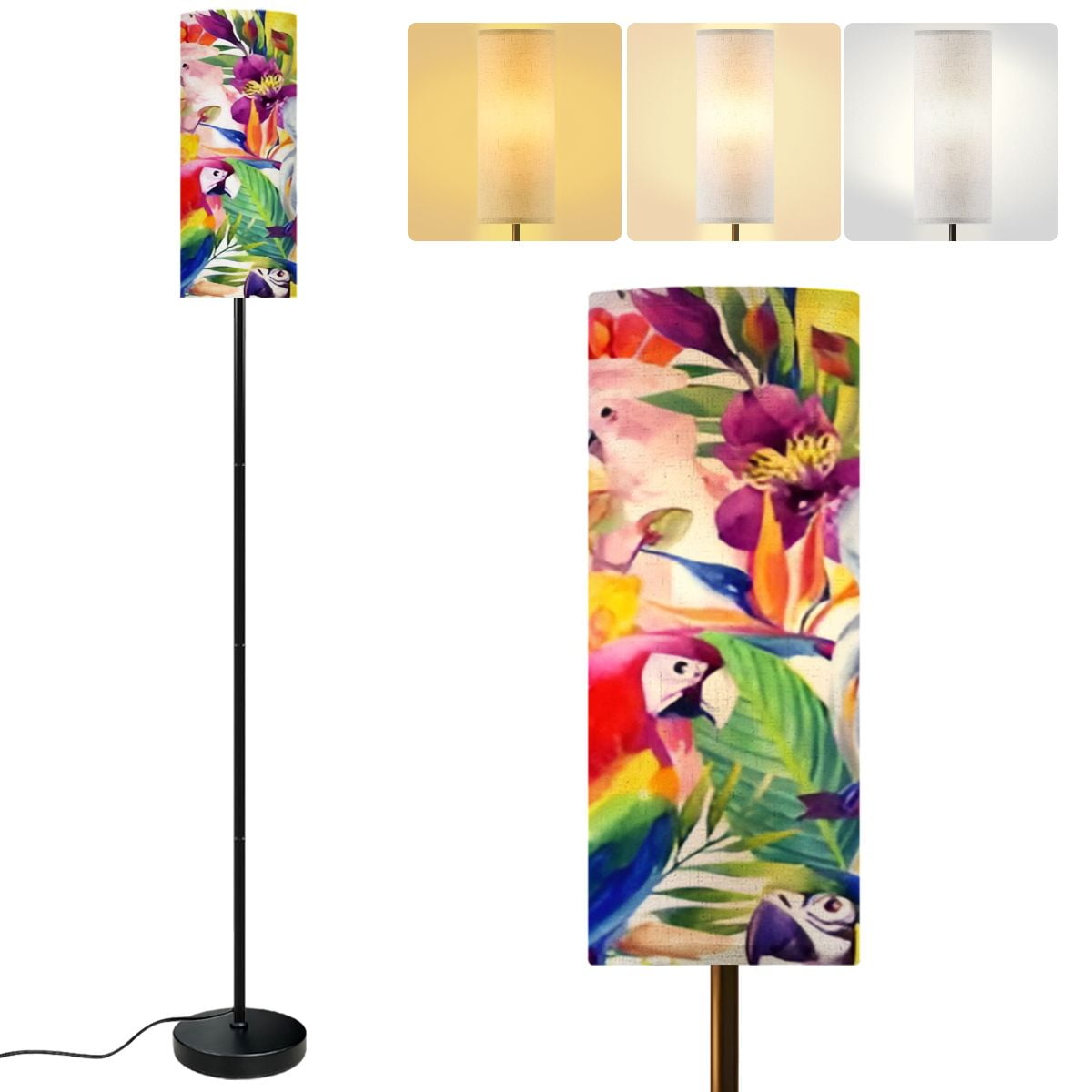Modern Standing Floor Lamp watercolor parrots tropical flowers seamless Exotic Hand Dimmable ...