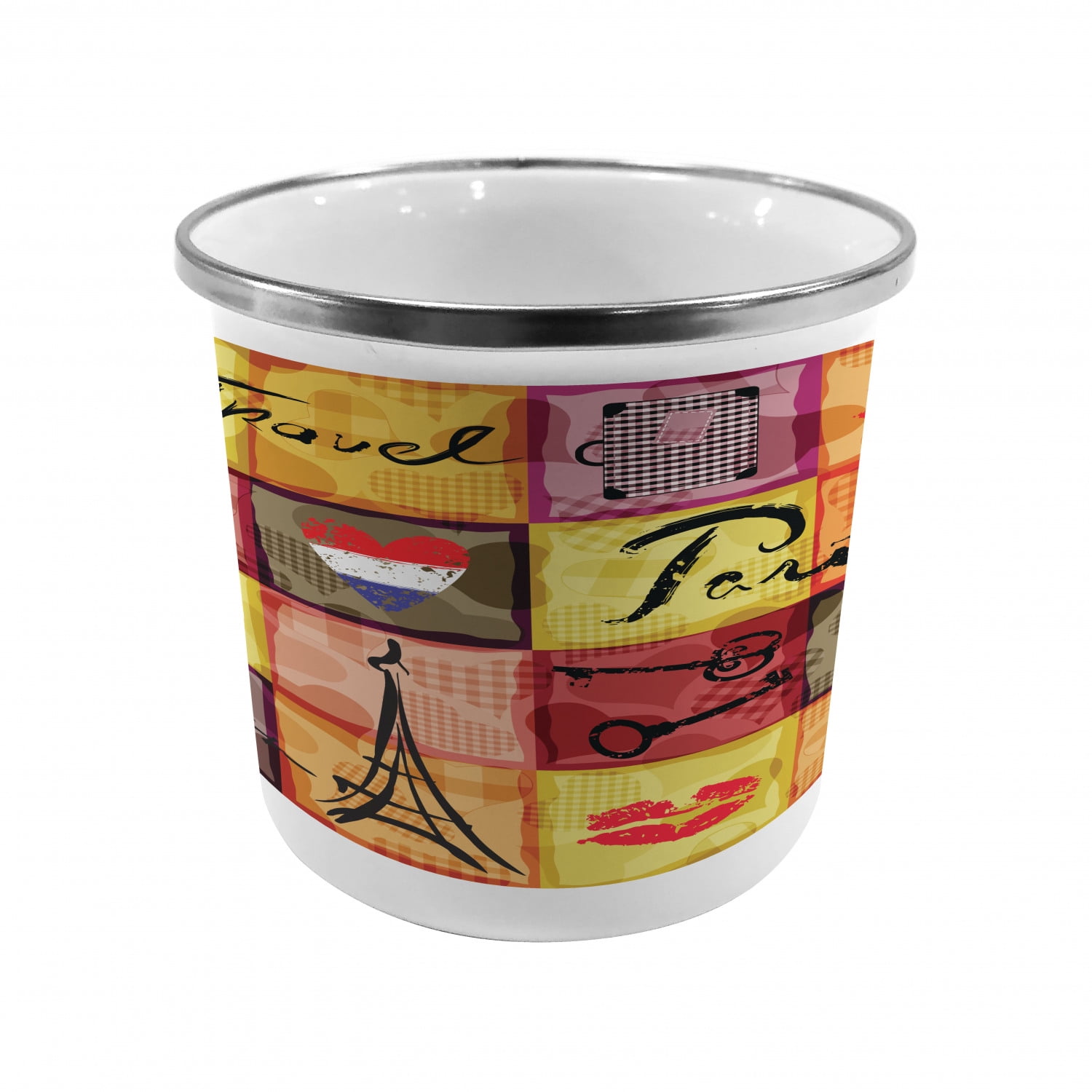 Modern Steel Camping Mug, Collage Print Colorful Hearts Eiffel Tower ...