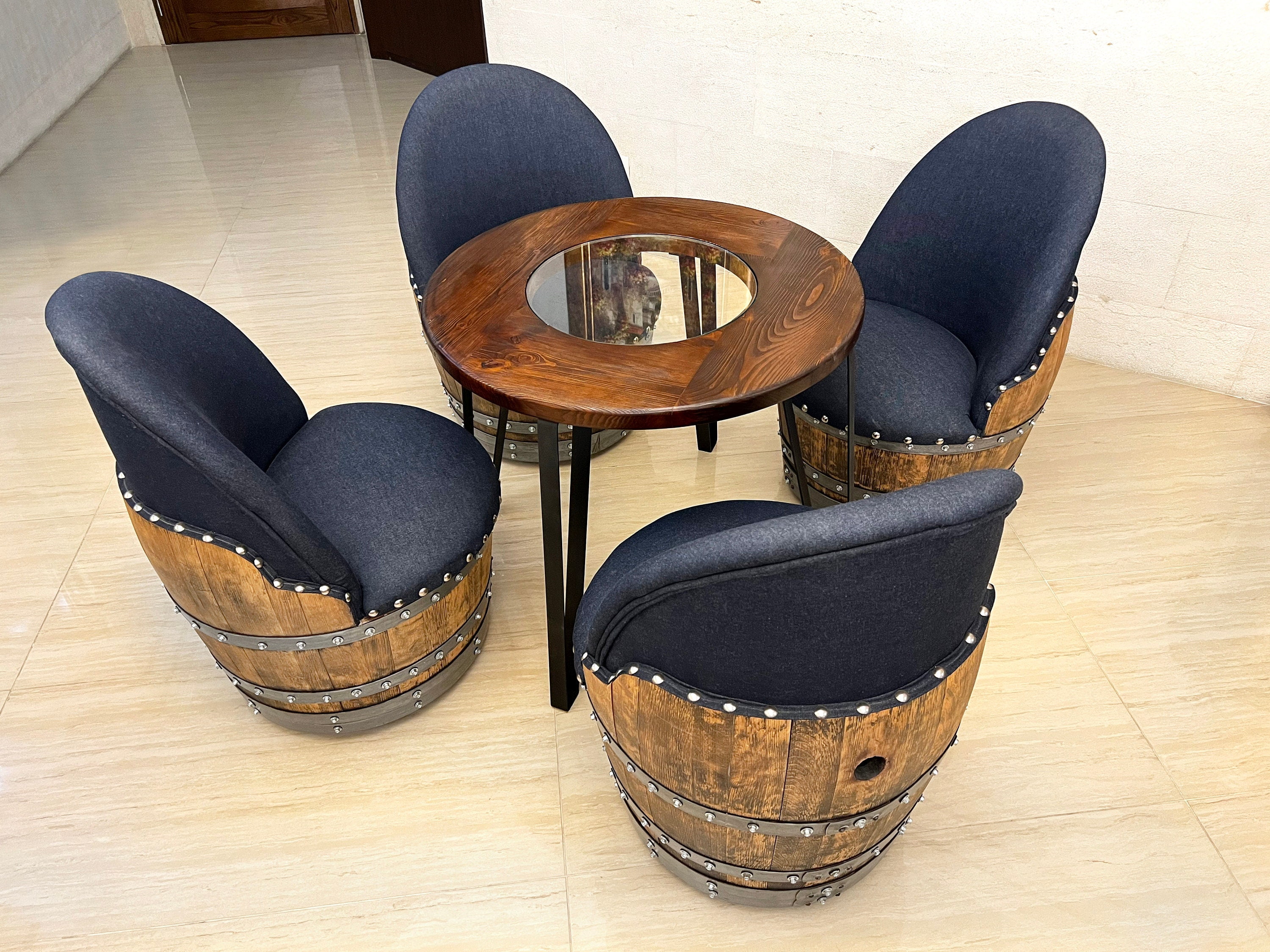 Modern Steel Table Set with 4 Chairs - Wine & Whiskey Barrel Design ...