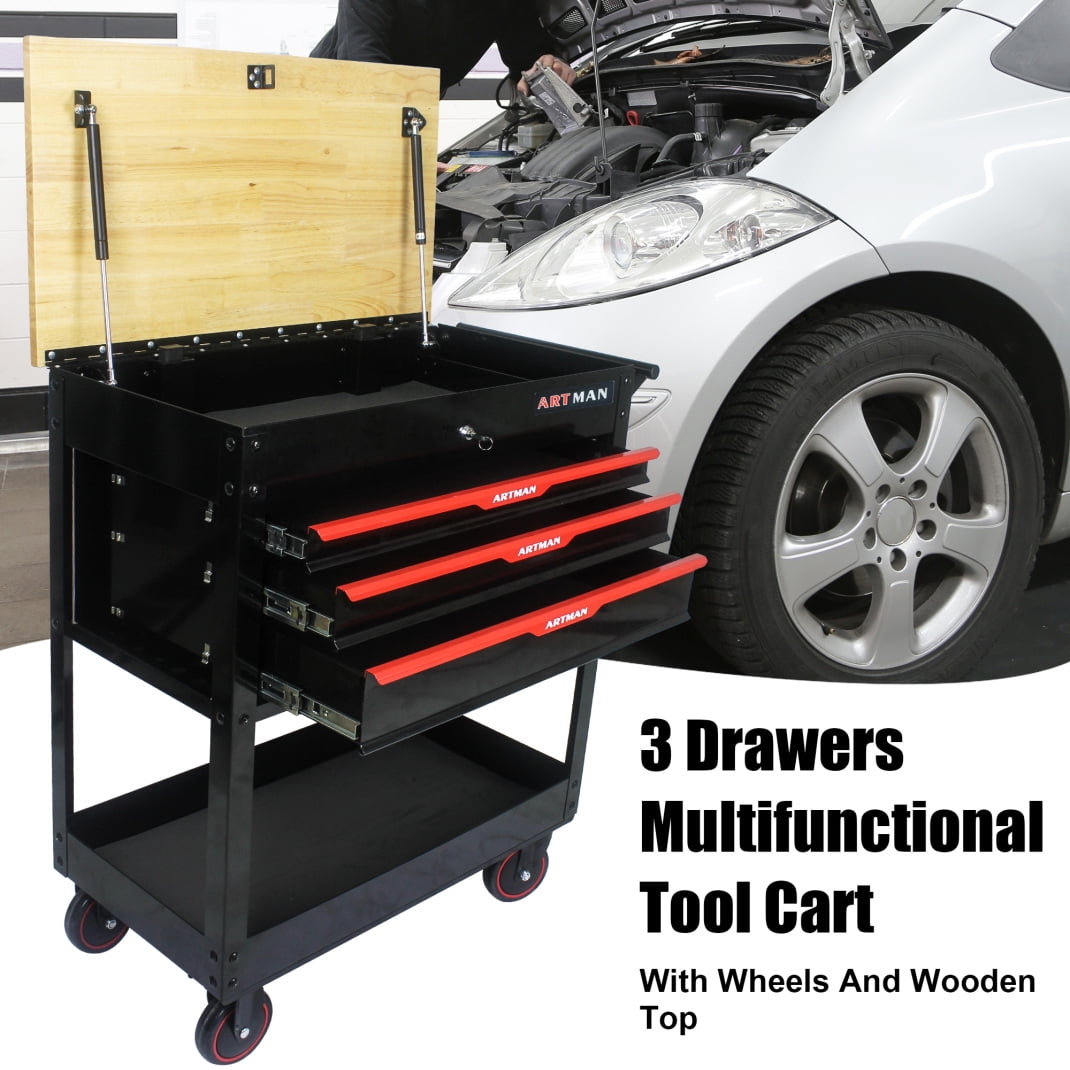 Modern Steel Tool Cart with Wheels and Wooden Top, Detachable Locked ...