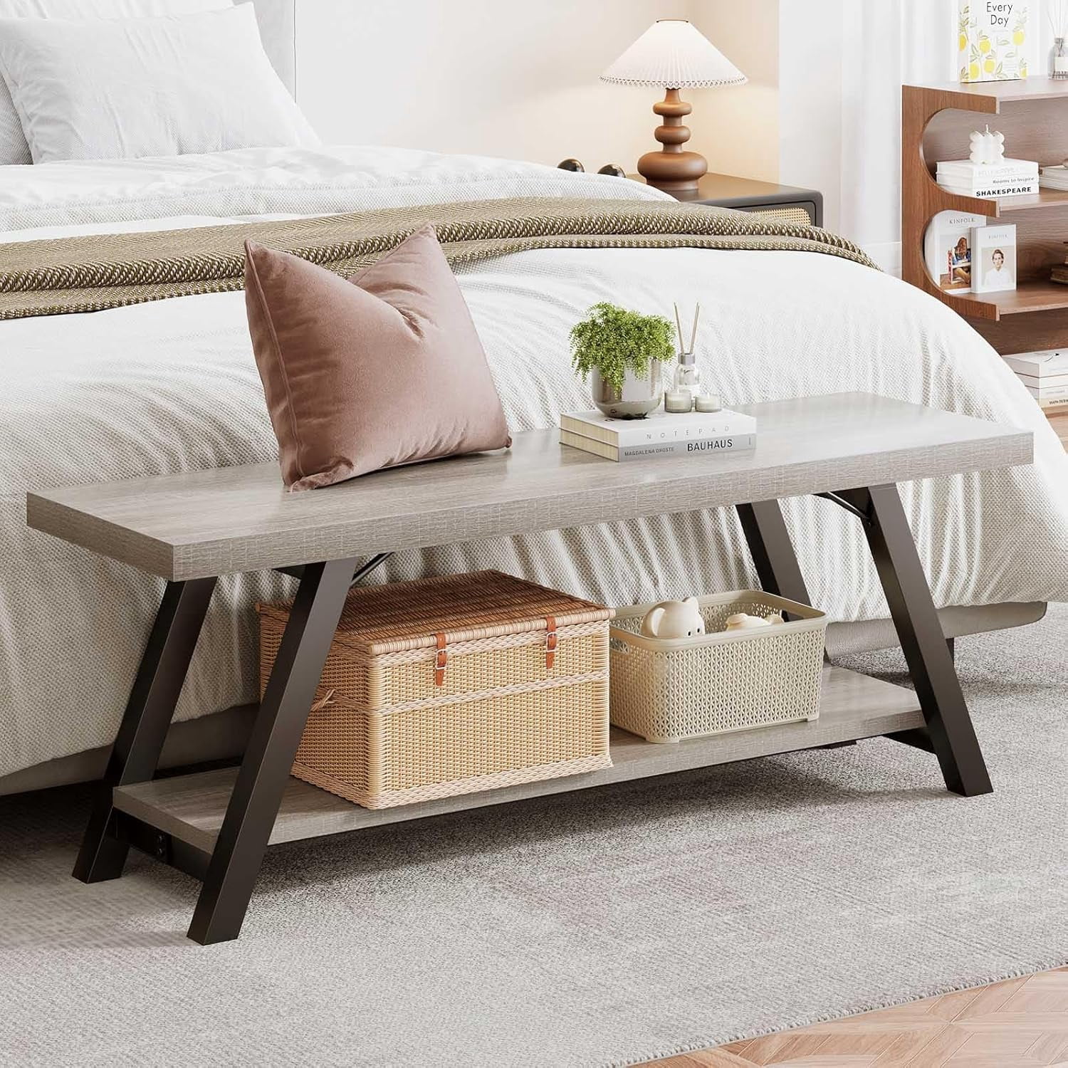 Modern Storage Bench for Bedroom, Wood Metal Entryway Bench for Hallway ...
