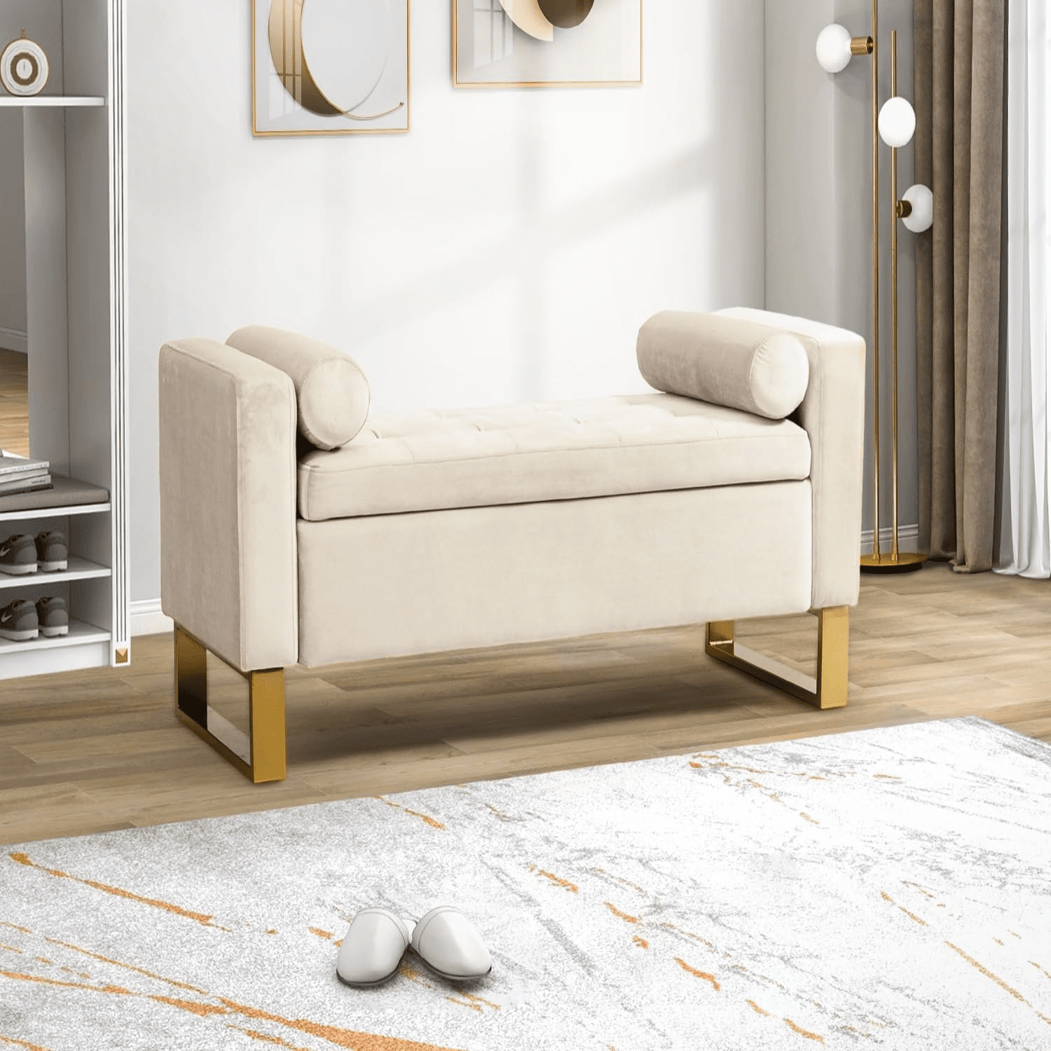 Modern Storage Bench with Gold Base & Bolster Pillows Upholstered ...