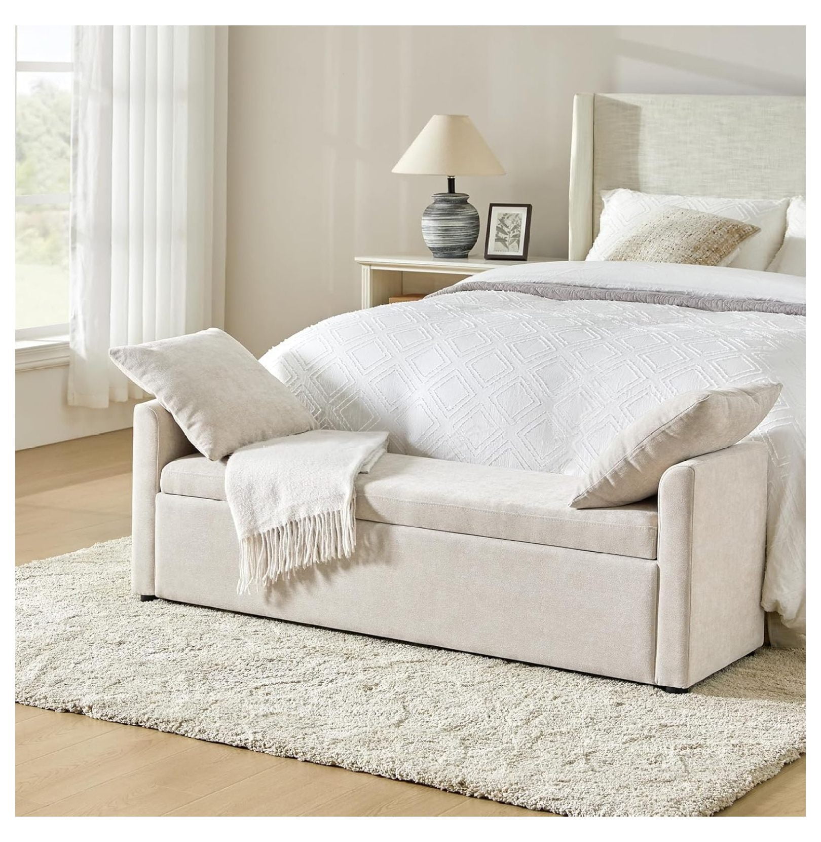 Modern Storage Bench with Throw Pillows, 59.4" Extra Long Bedroom ...