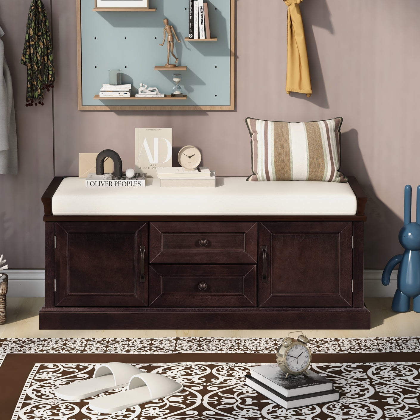 Modern Storage Bench with 2 Drawers & 2 Cabinets, Detachable Soft ...