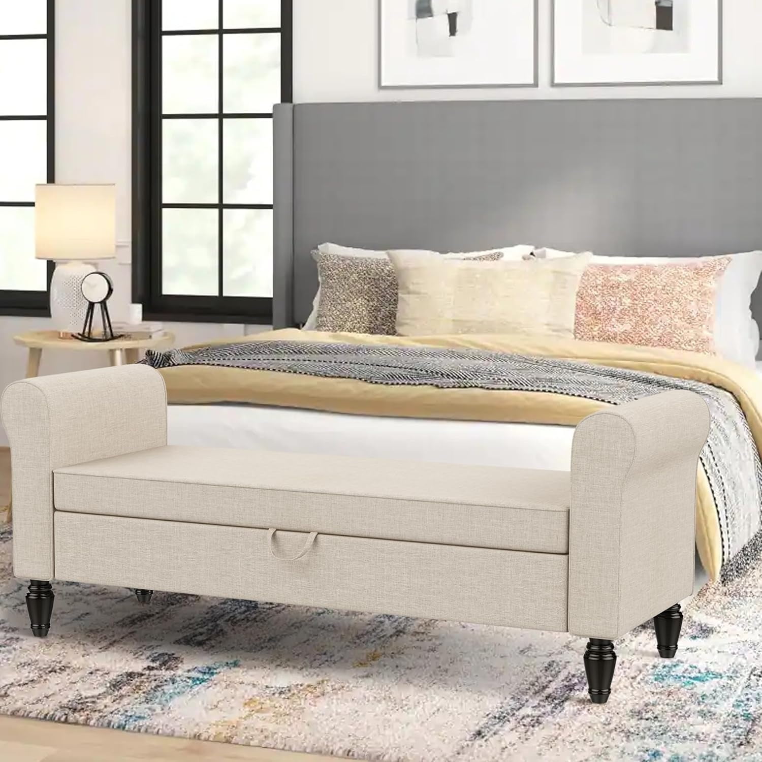 Modern Storage Bench with Arms Button Tufted Bed Bench with Storage ...