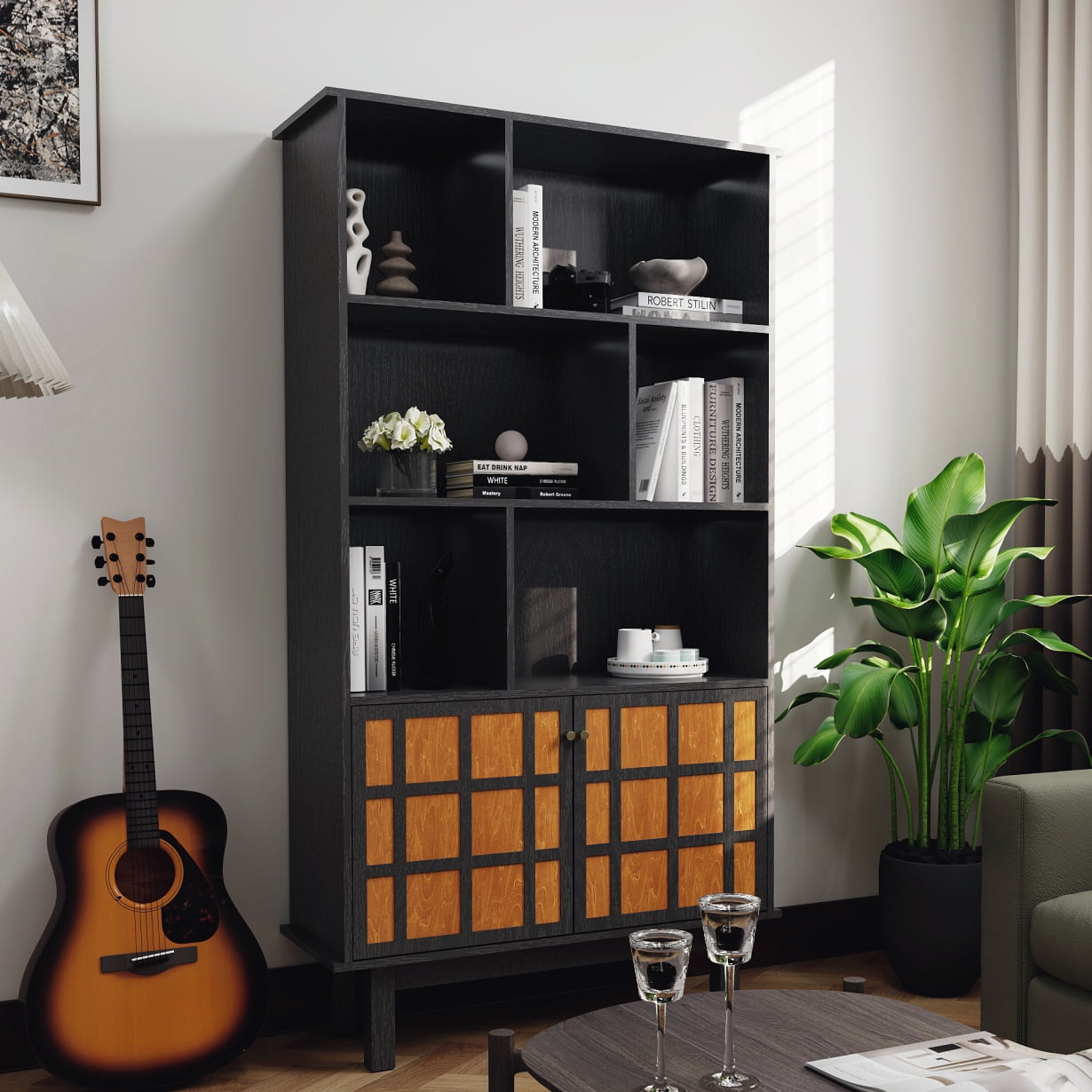 Modern Storage Bookcase with Cabinet Doors, 3 Open Shelves & 2 Closed ...