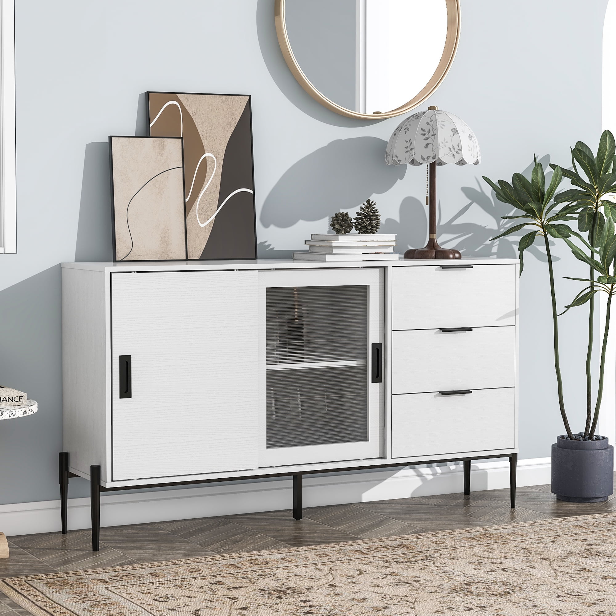 Modern Storage Cabinet Sideboard with Glass Sliding Door & 3 Drawers ...