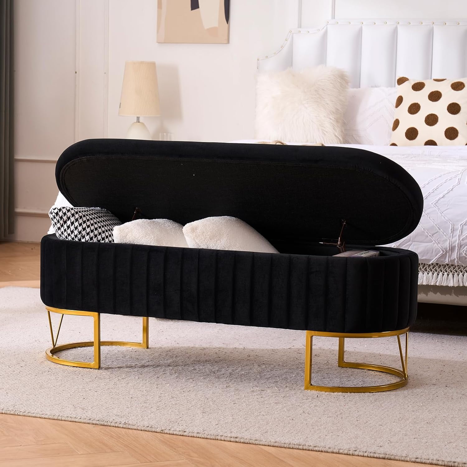 Modern Storage Ottoman Bedroom Bench, 46" End of Bed Bench with Gold ...