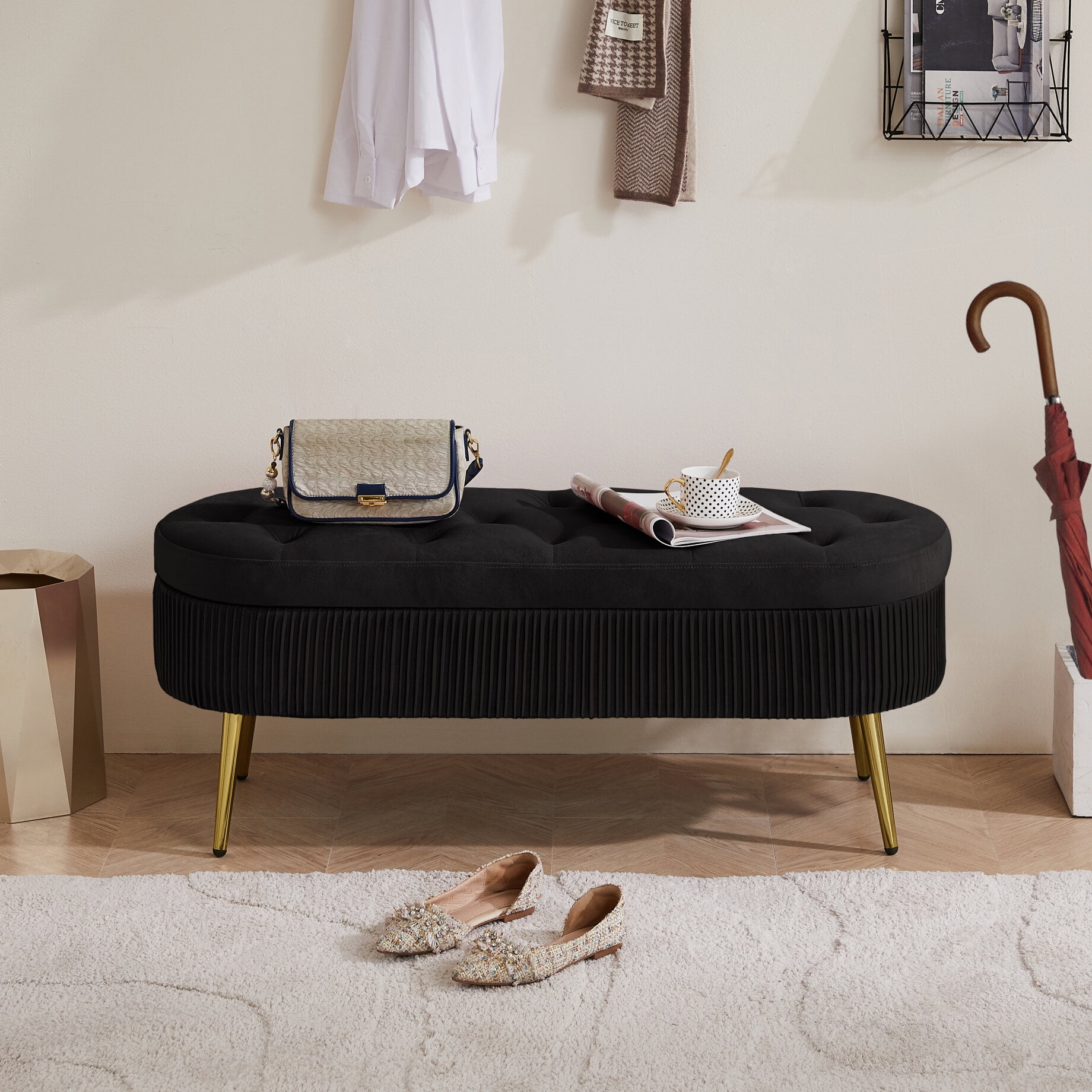 Modern Storage Ottoman Bench, Comfy Upholstered Benches with Button ...