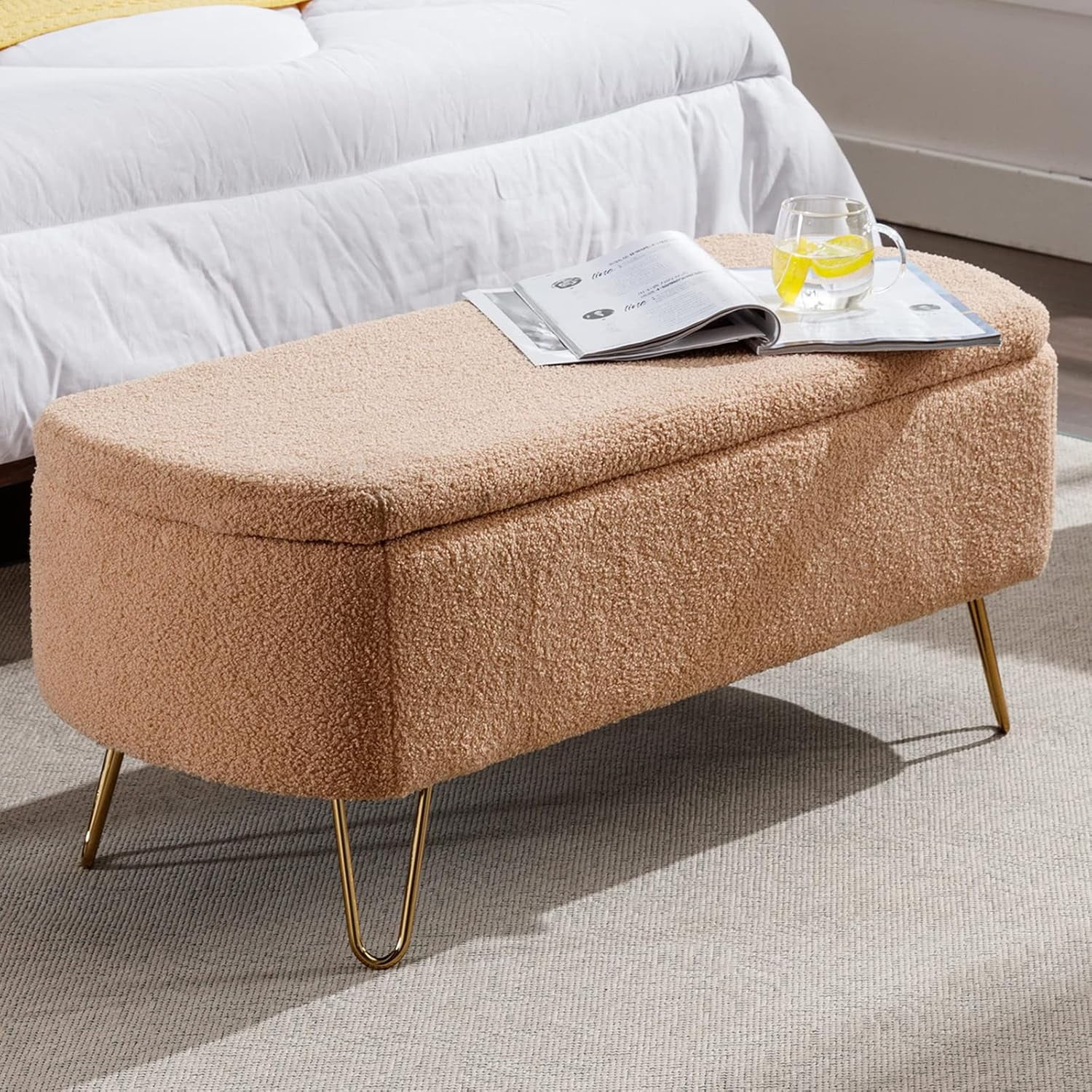 Modern Storage Ottoman Bench, Vintage Boucle Upholstered Entryway Bench ...