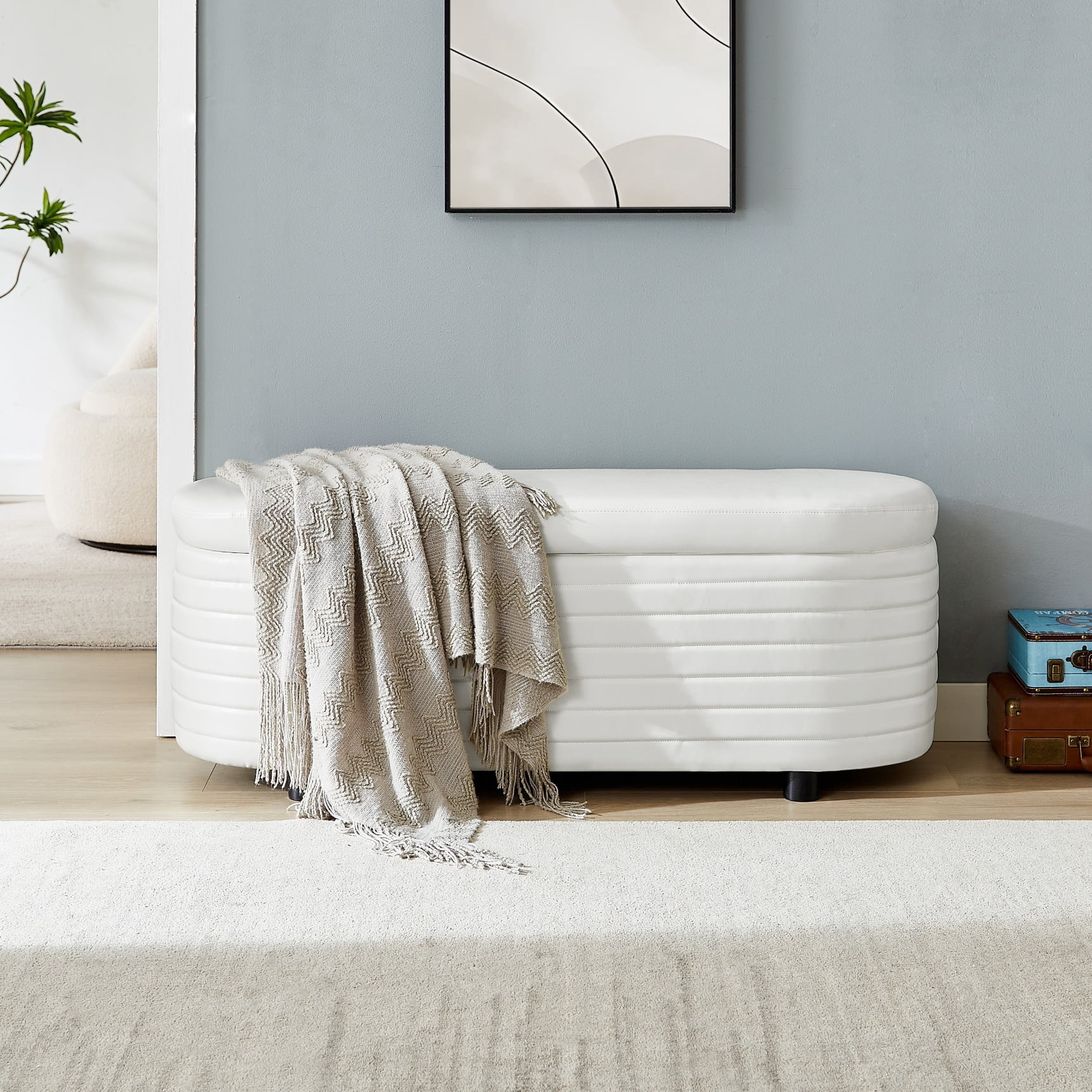 Modern Storage Ottoman, PU Leather Bedroom Bench with Solid Wood Legs ...