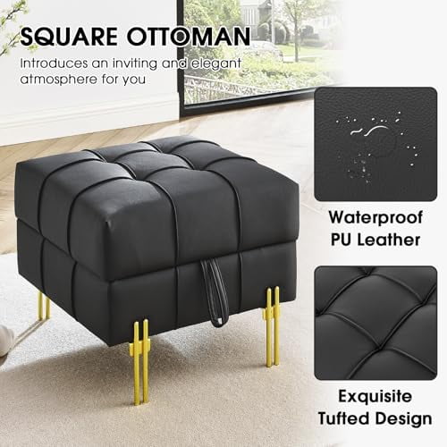 Modern Storage Ottoman, Square Ottoman with Tufted Design, PU Leather ...