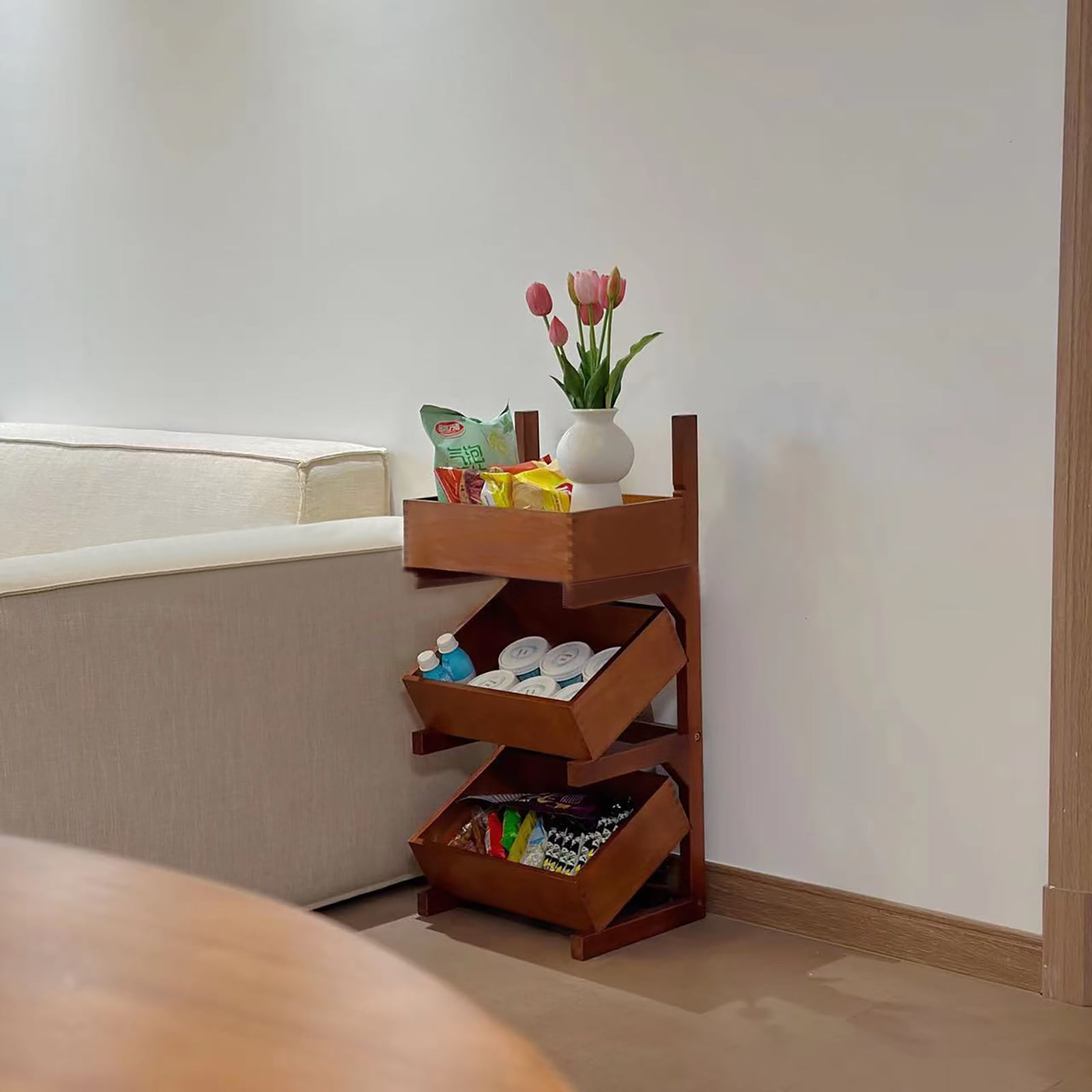 Modern Storage Rack with Three Adjustable Baskets, Solid Wood Build and ...