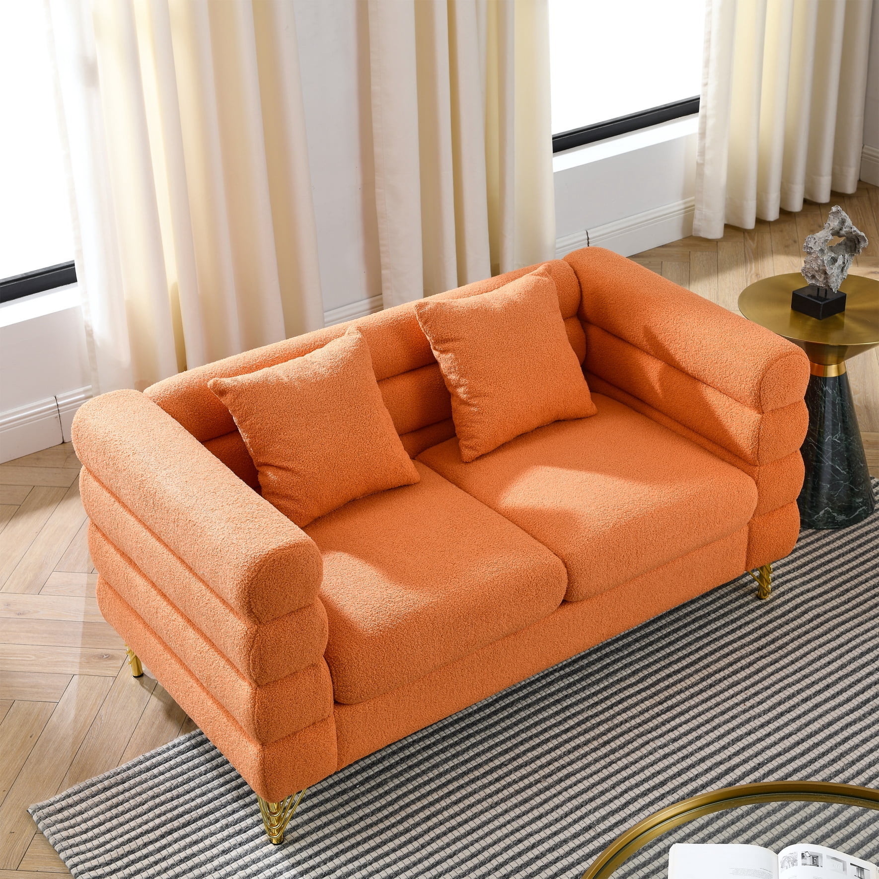 Modern Streamline 2 Seater Sofa with 2 Lumbar Pillows and Gold Polished ...