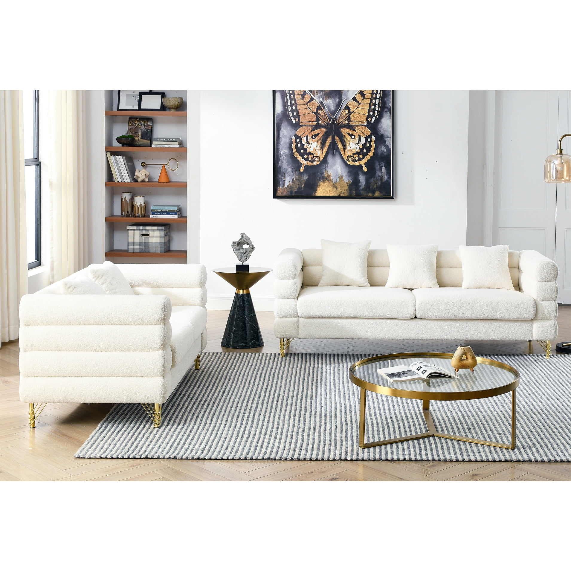 Modern Streamline 3-Seater + 2-Seater Sofa with 5 Lumbar Pillows and ...