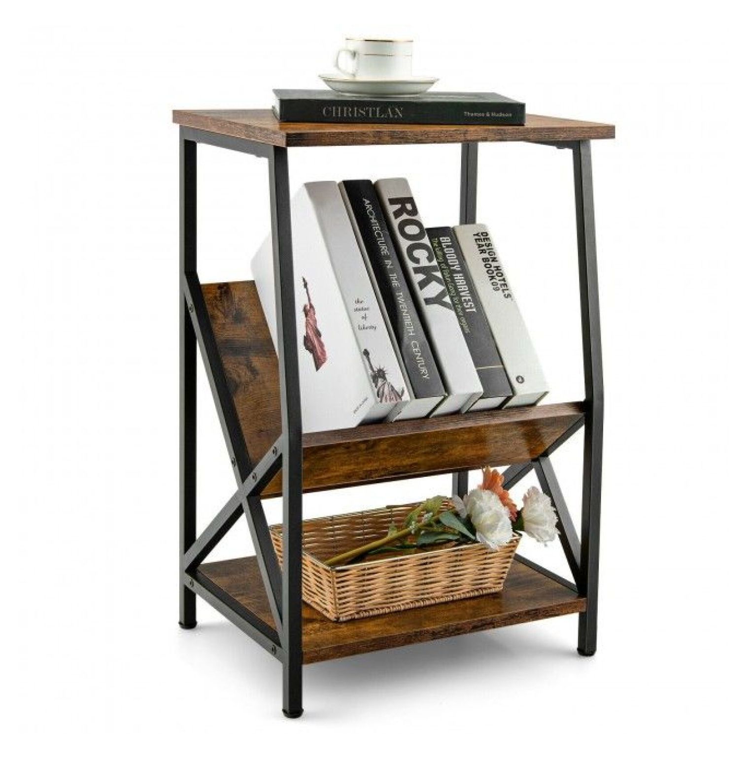 Modern Style 3-Tier V-shaped Bookshelf Side Table Nightstand Rustic ...