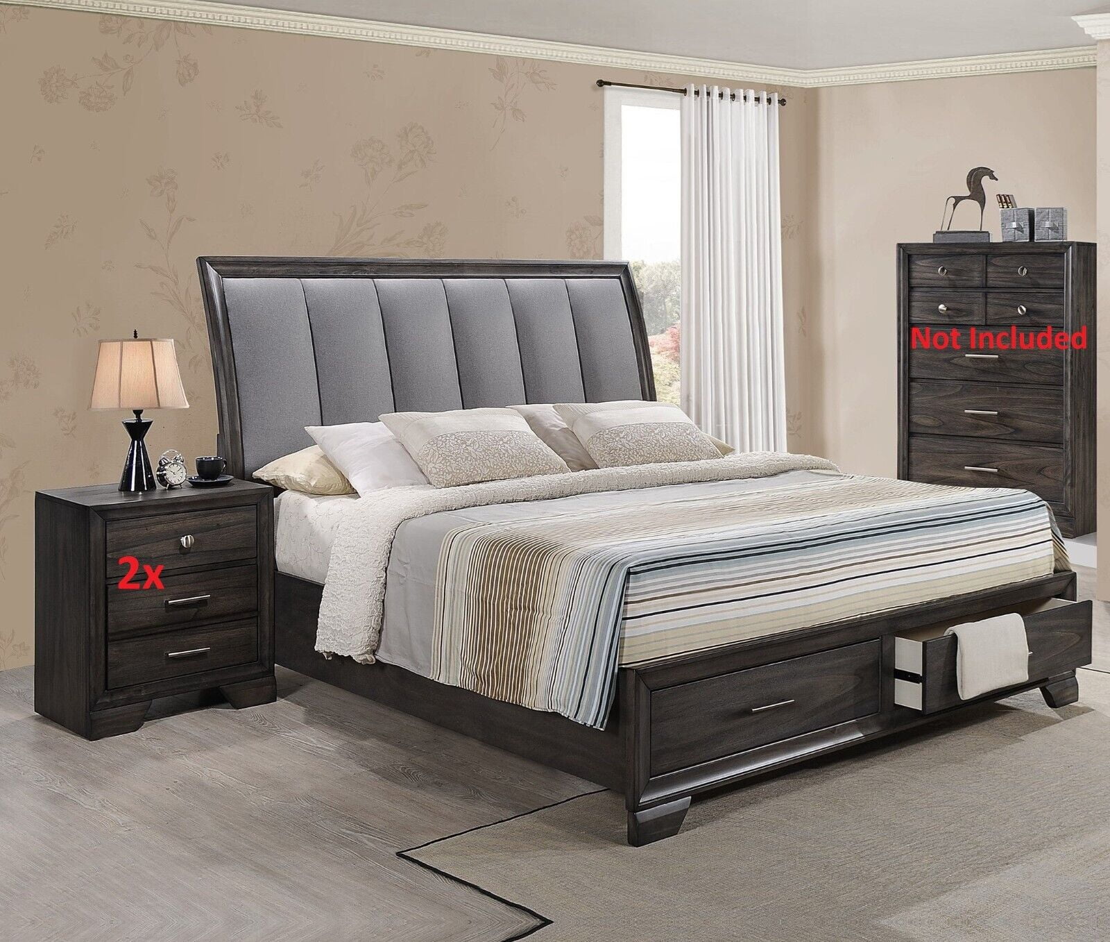 Modern Style 3pc Fabric Upholstered Storage Queen Bed and Nightstand ...