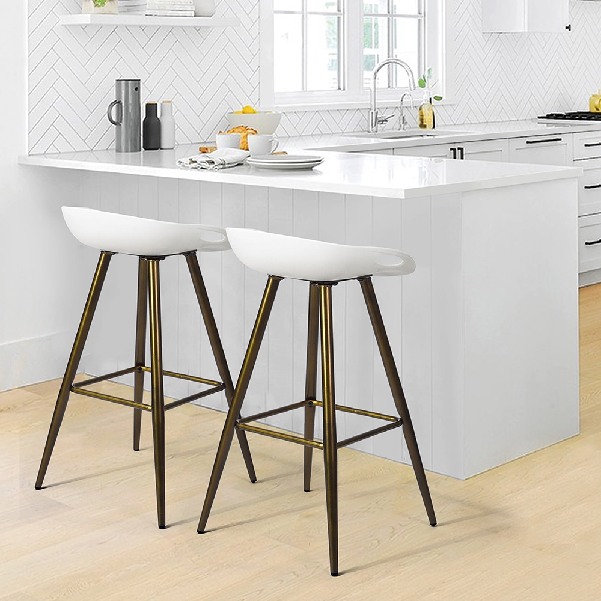 Modern Style Bak Bar & Counter Stool (Set of 2) - White & Gold ...