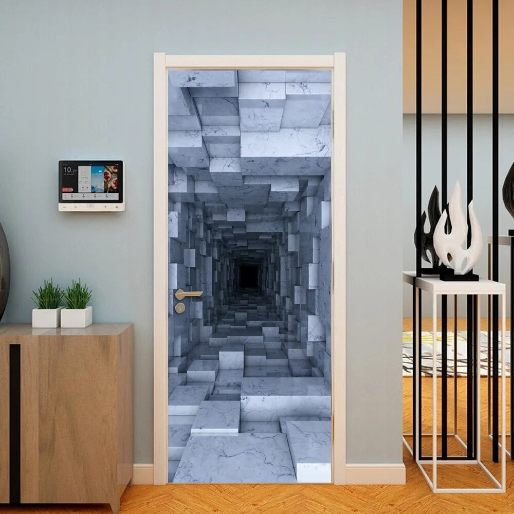 Modern Style Black Geometric 3D Door Wallpaper Sticker Adhesive PVC ...