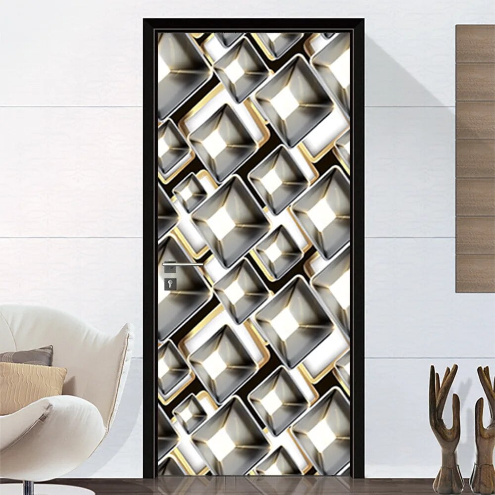 Modern Style Black Geometric 3D Door Wallpaper Sticker Adhesive PVC ...