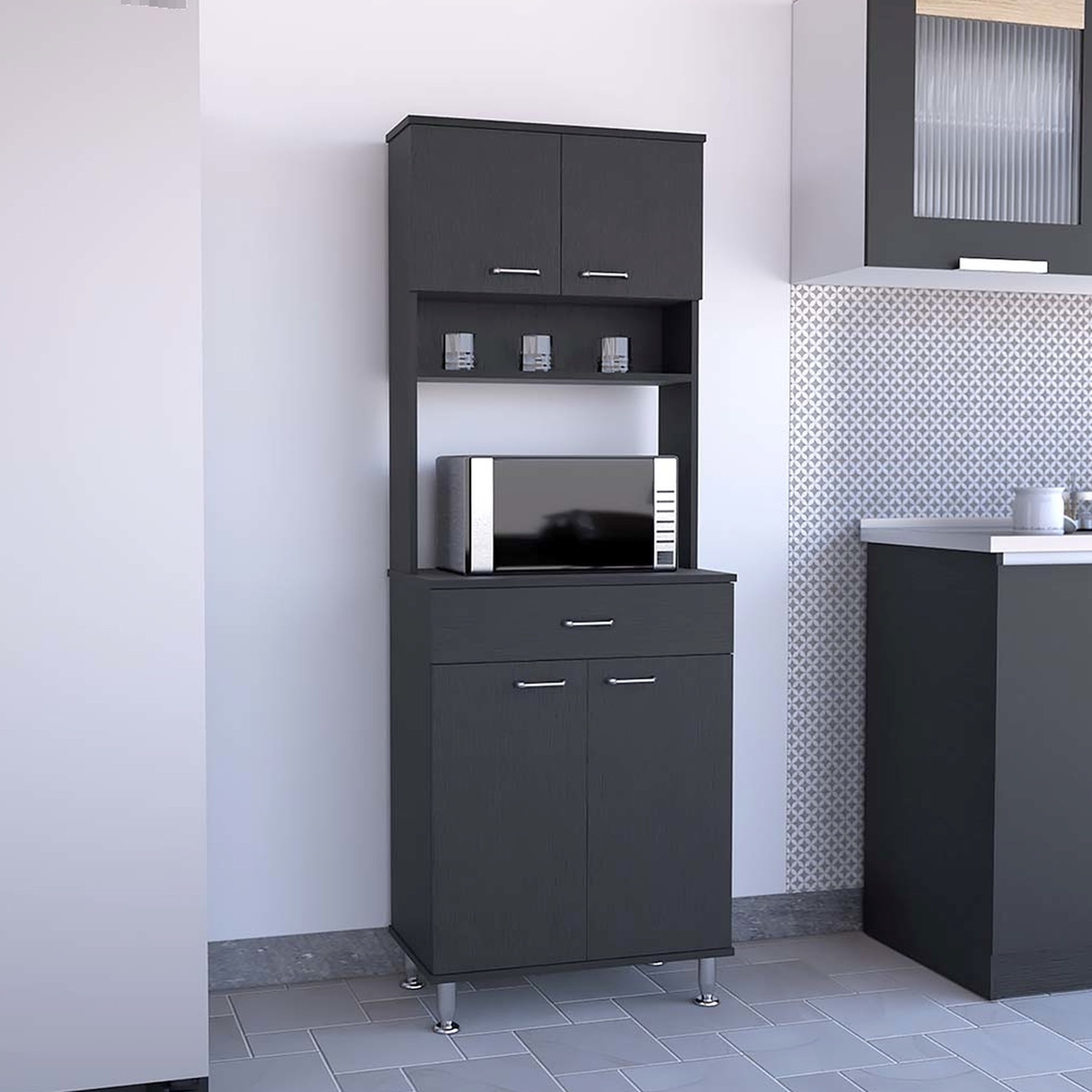 Modern Style Black Kitchen Pantry With Countertop And Various Storage ...